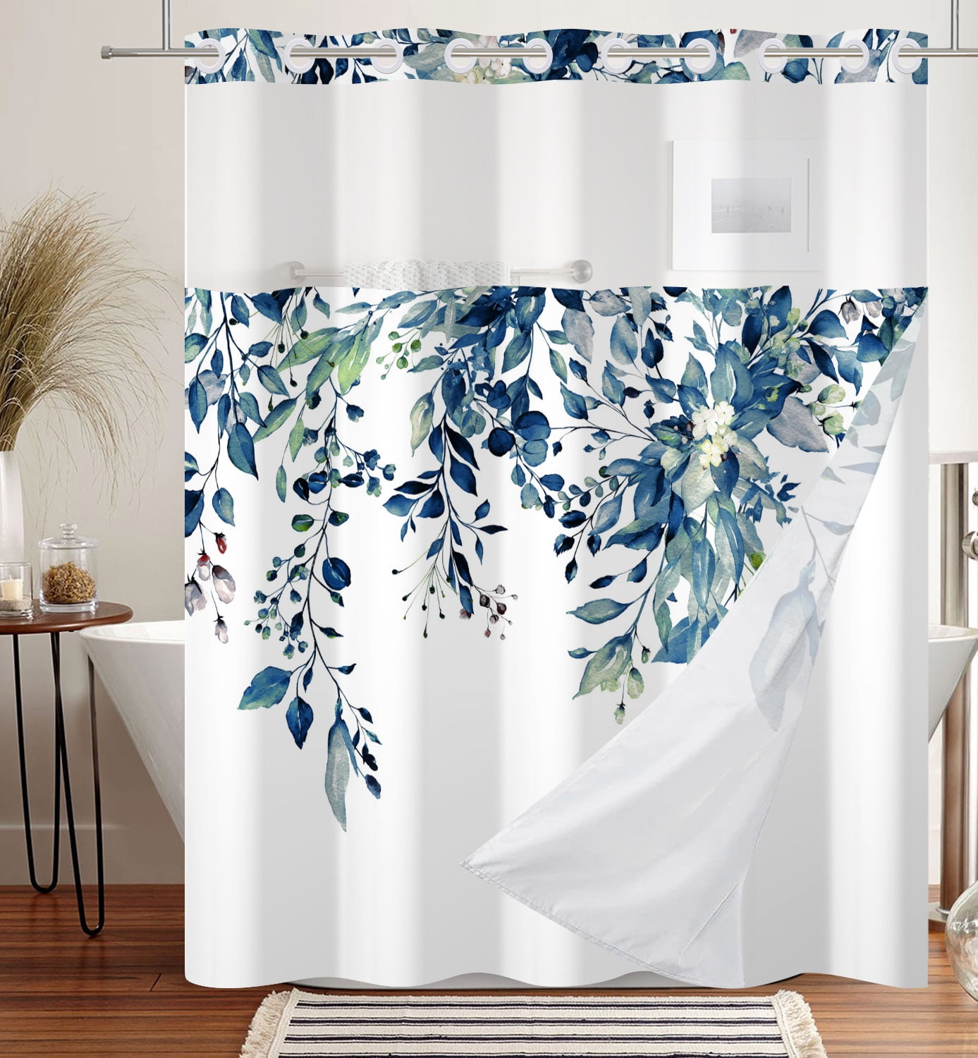 MIZHONA Blue Plant Shower Curtains with Snap in Liner Spring Fabric No Hooks Waterproof Bathroom ...