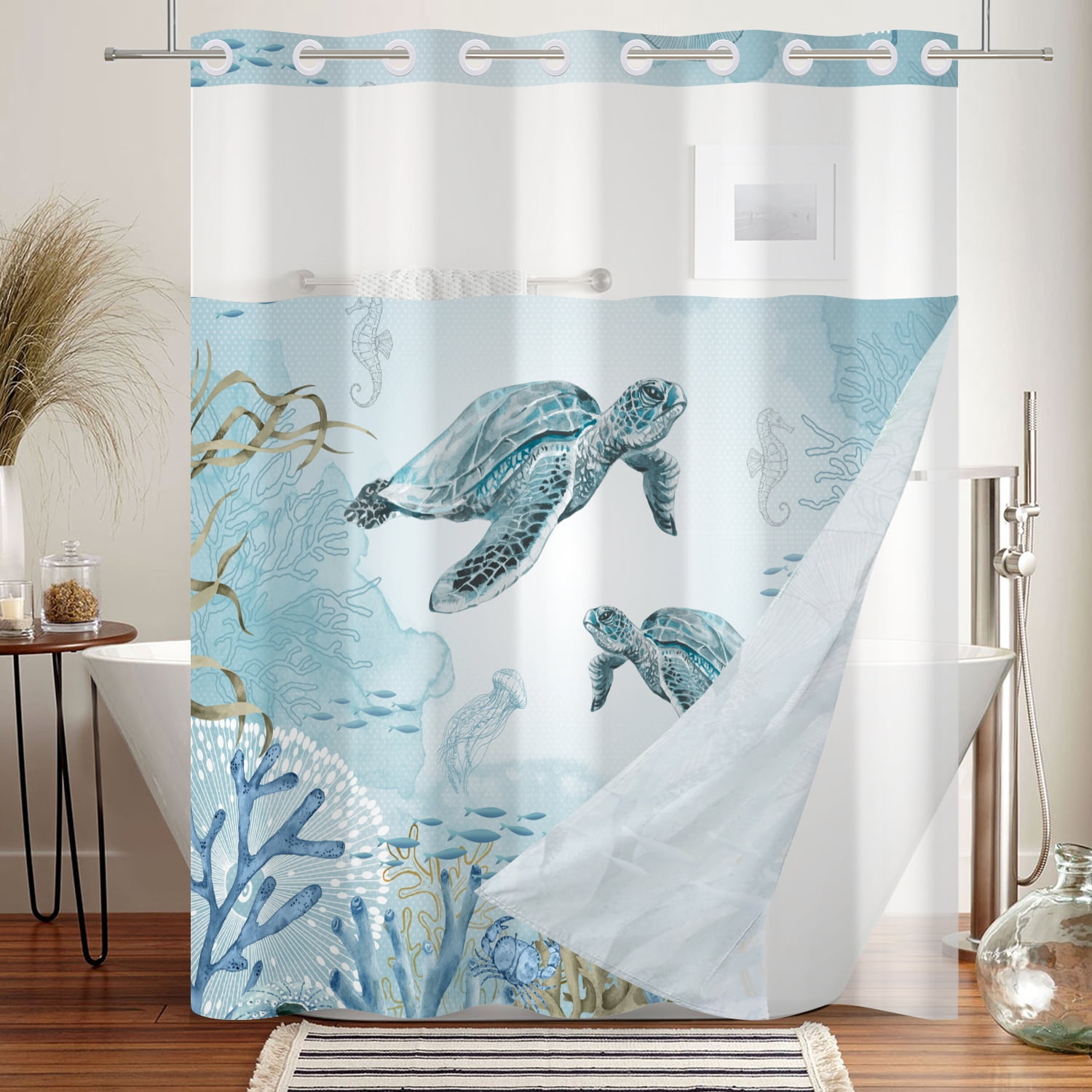 MIZHONA Blue Sea Turtles No Hook Shower Curtain with Snap in Liner,Teal Summer Bath Curtain,71"× ...