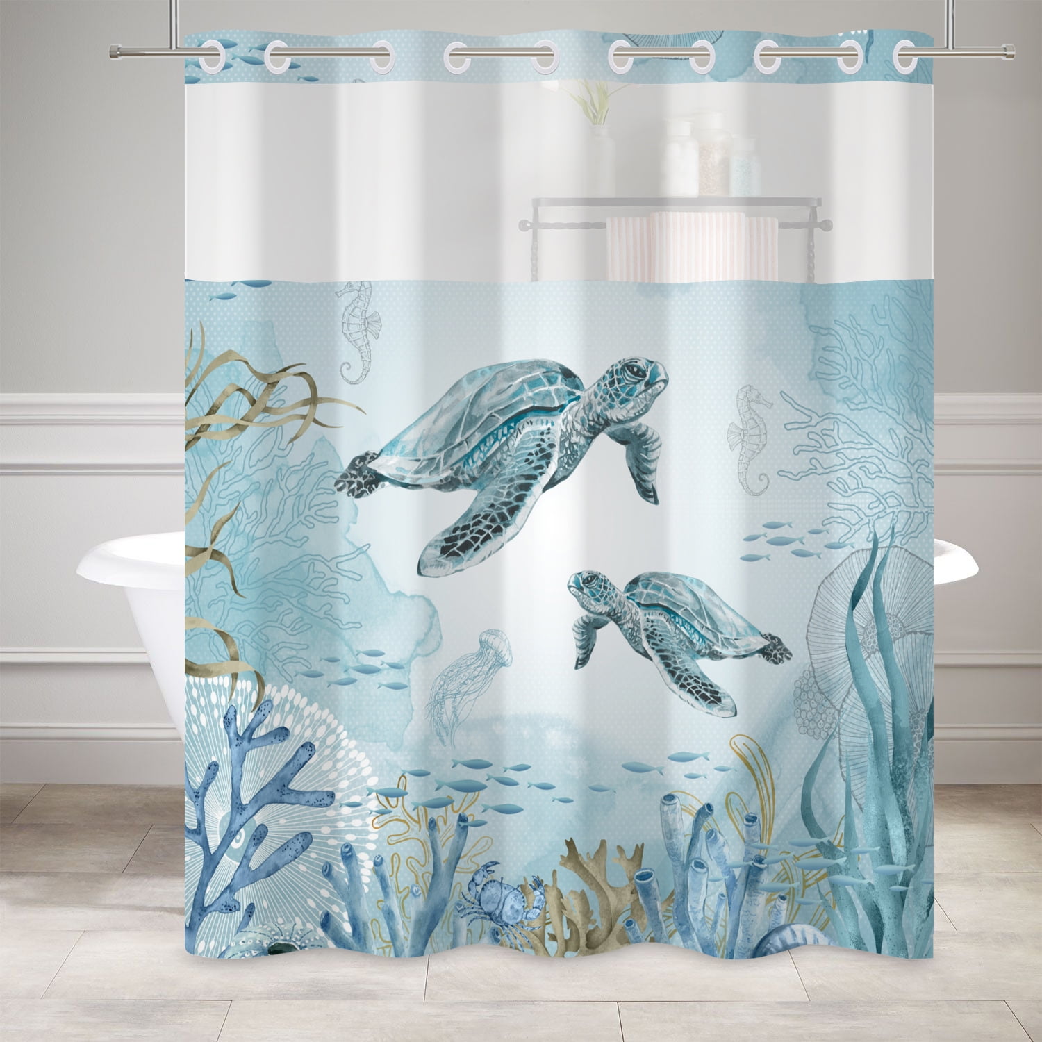 MIZHONA Blue Sea Turtles No Hook Shower Curtain with Snap in Liner，Teal Summer Bath Curtain,71"× ...