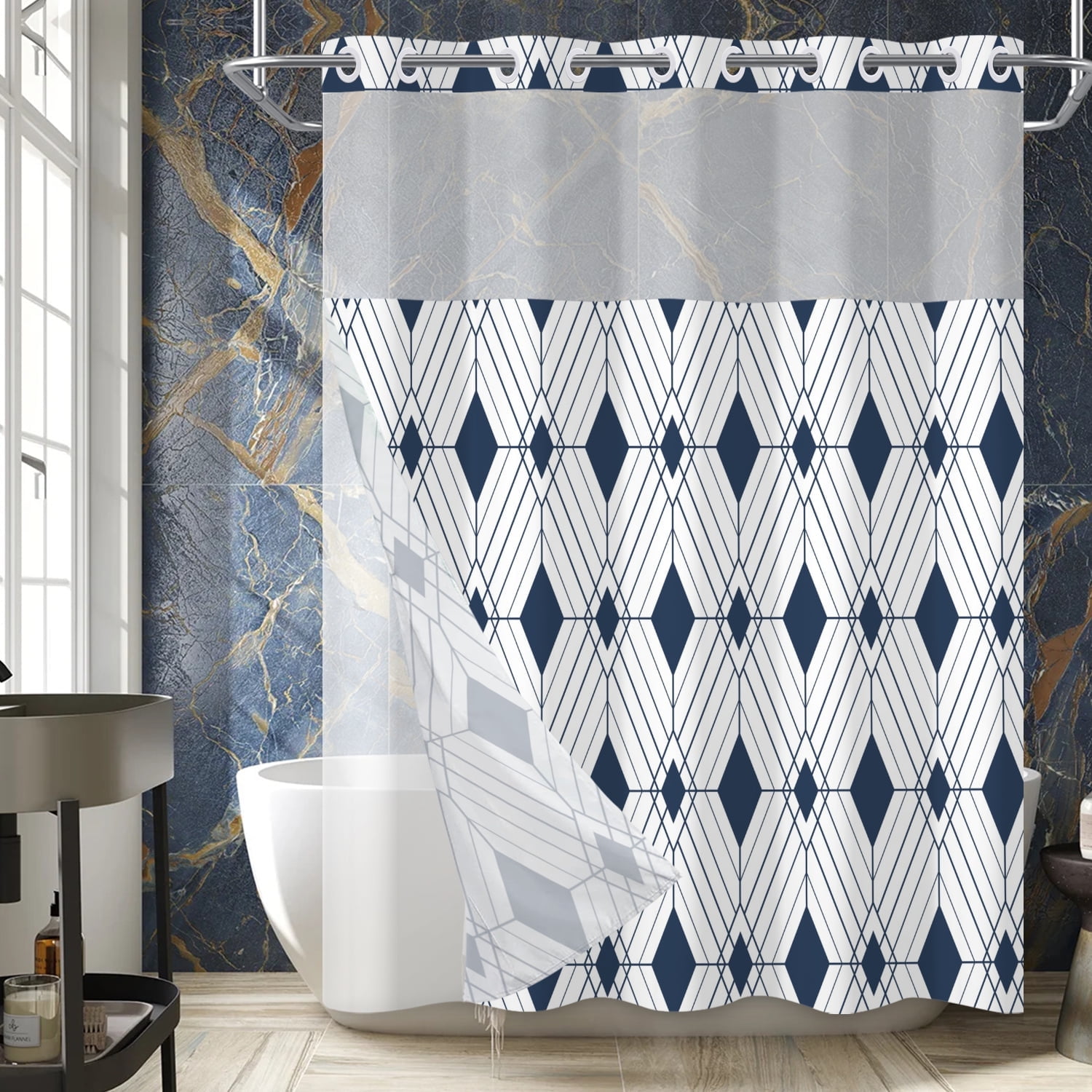 MIZHONA Blue Shower Curtain with Snap in Liner,Geometric Pattern No Hook Fabric Bathroom Curtain ...