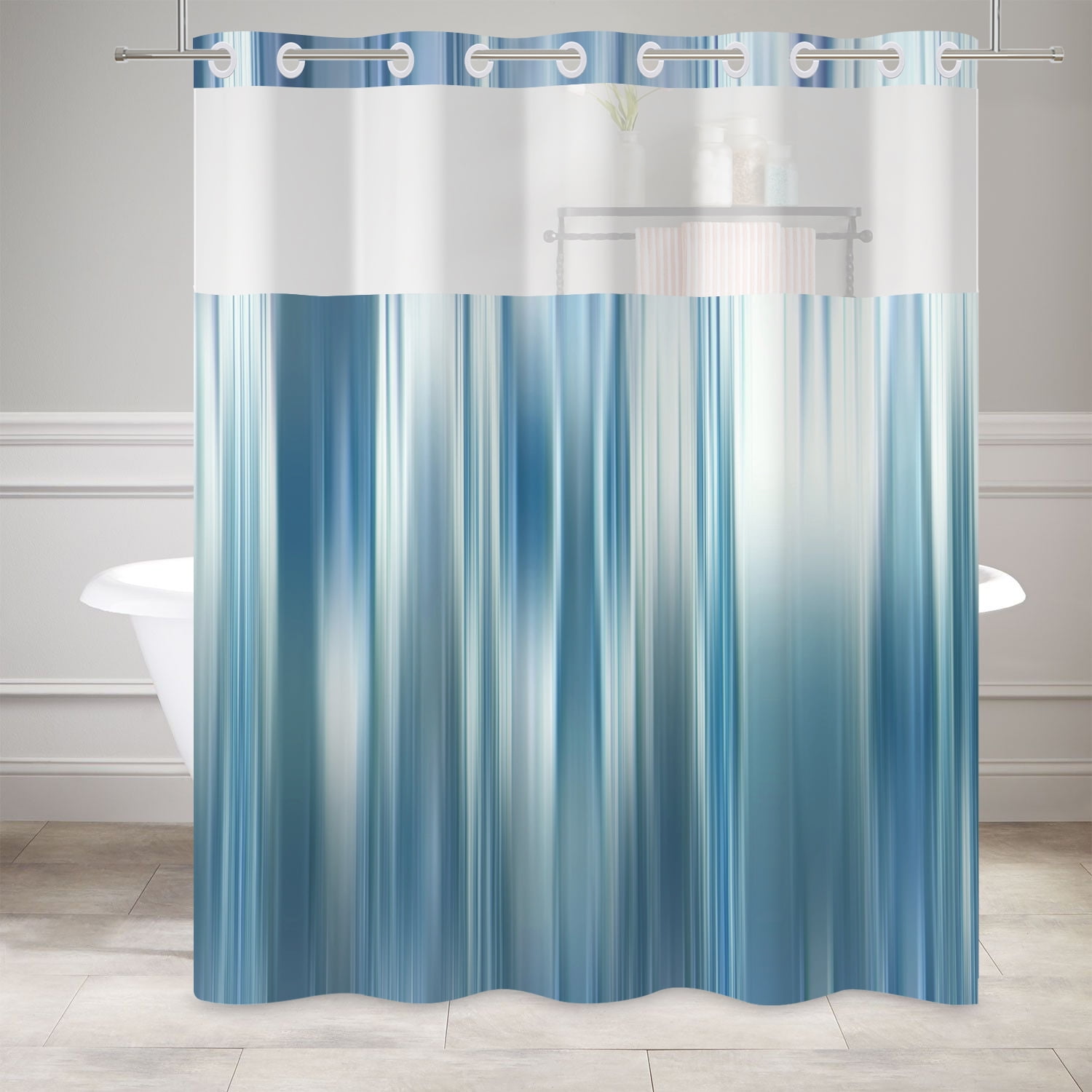 MIZHONA Blue Shower Curtain with Snap in Liner,Gradient Fabric Bathroom Curtain,71"× 74 ...