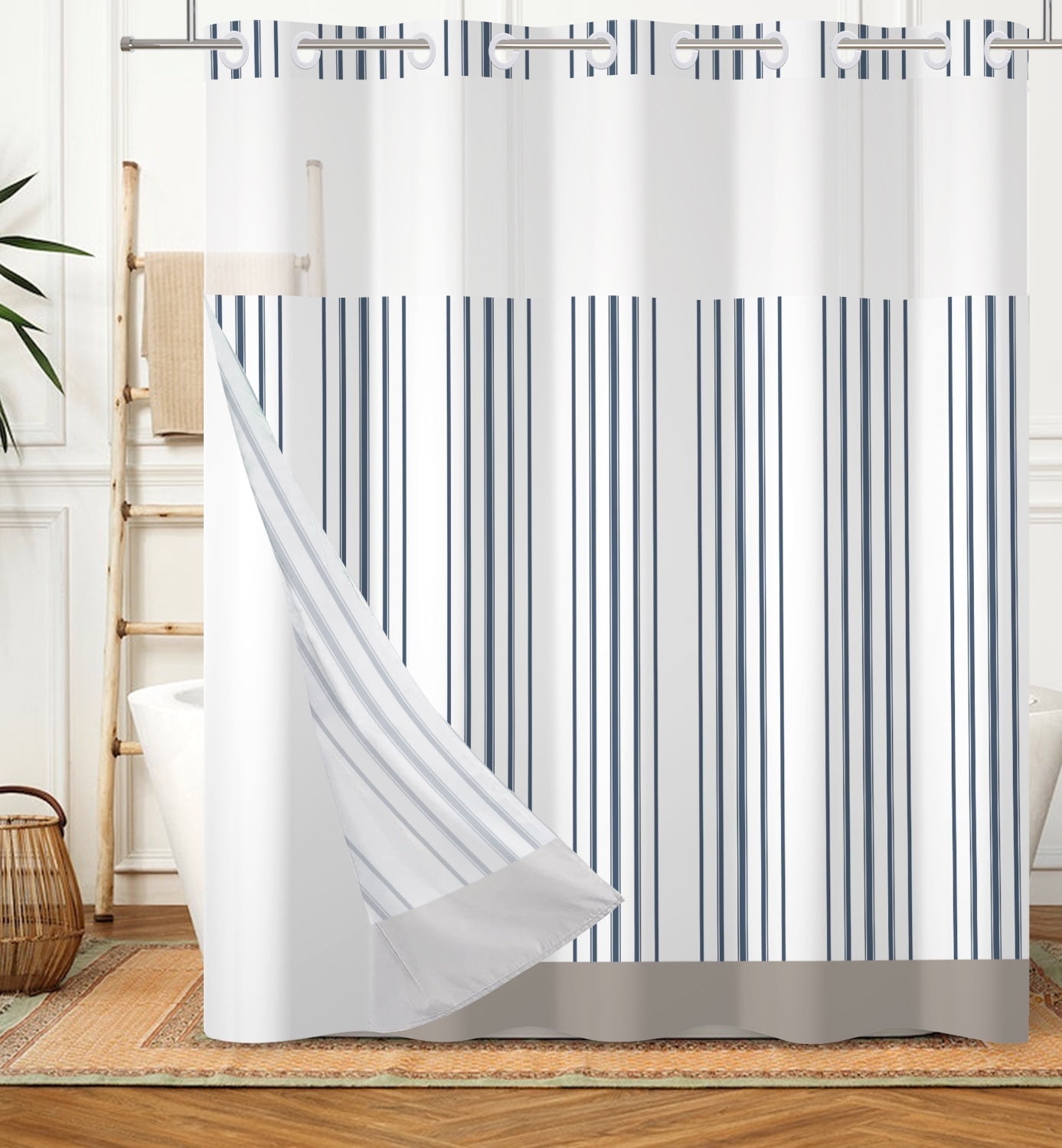 MIZHONA Blue White Striped Shower Curtain with Snap in Liner Modern No Hook Fabric Bathroom ...