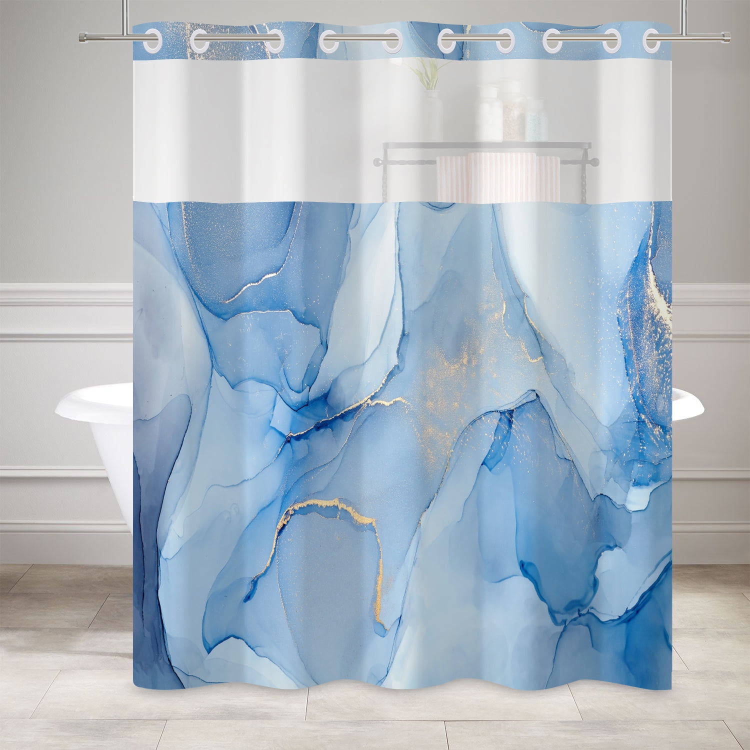 MIZHONA Blue and Gold Marble No Hooks Shower Curtains with Snap in Liner Modern Navy Blue Fabric ...