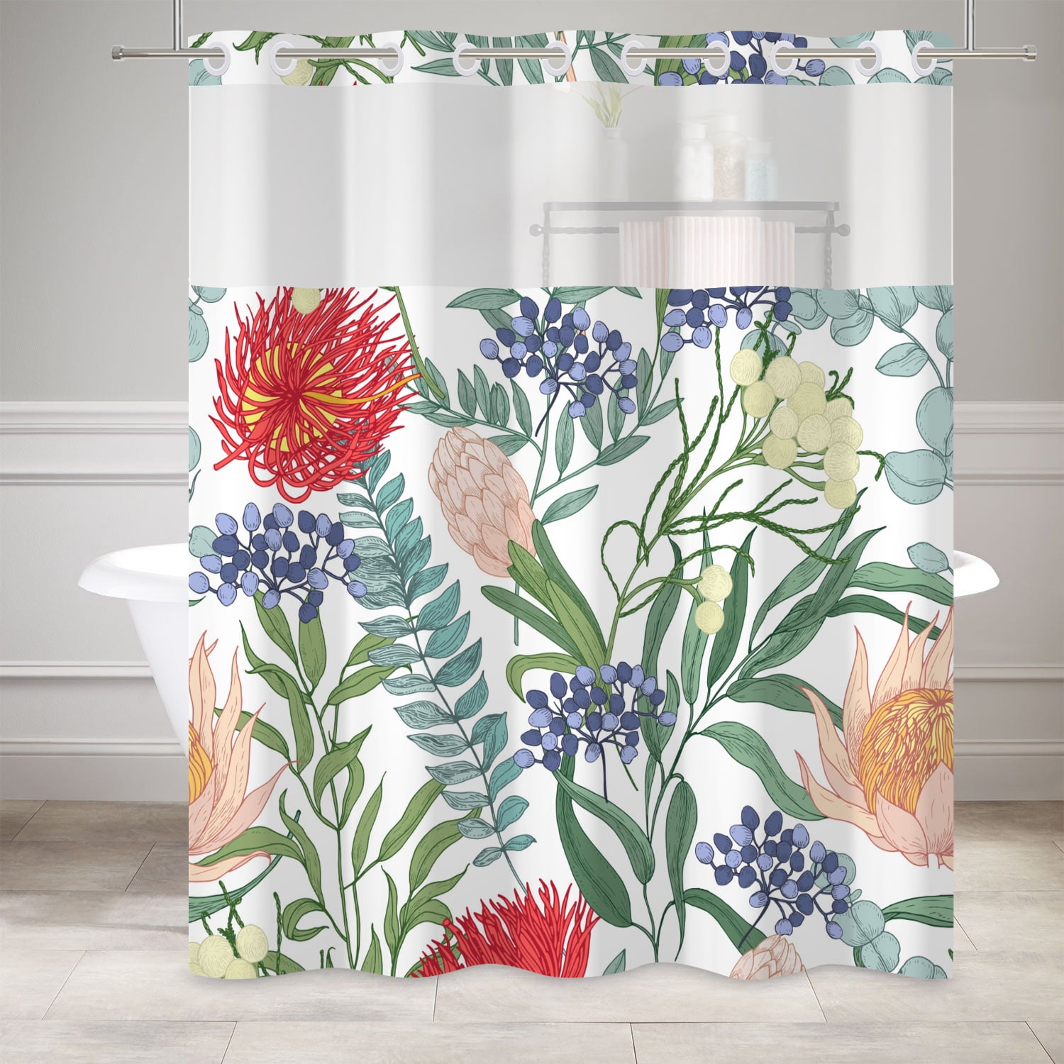 MIZHONA Colorful Botanical No Hooks Shower Curtains with Snap in Liner ...