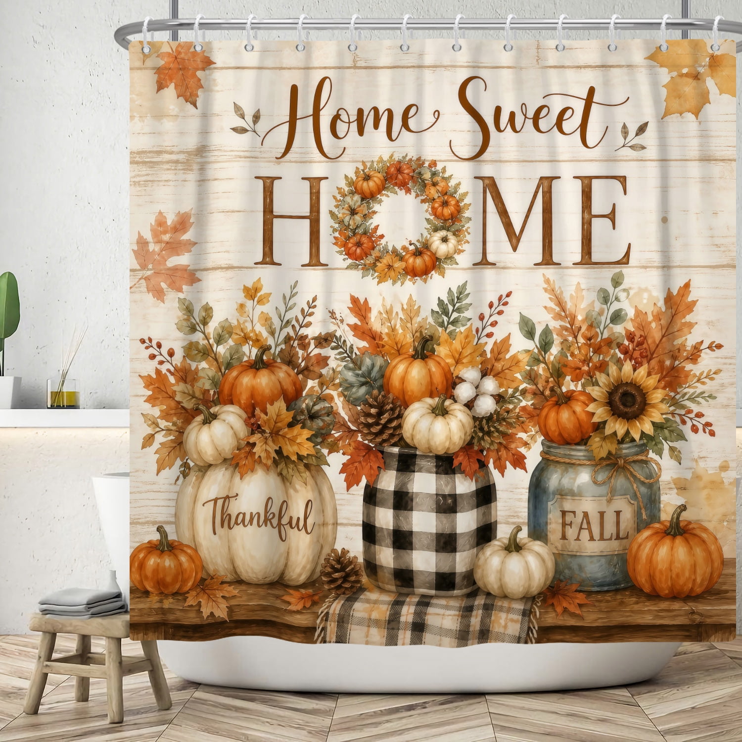 MIZHONA Fall Farmhouse Shower Curtain Autumn Sweet Home Fabric Shower ...