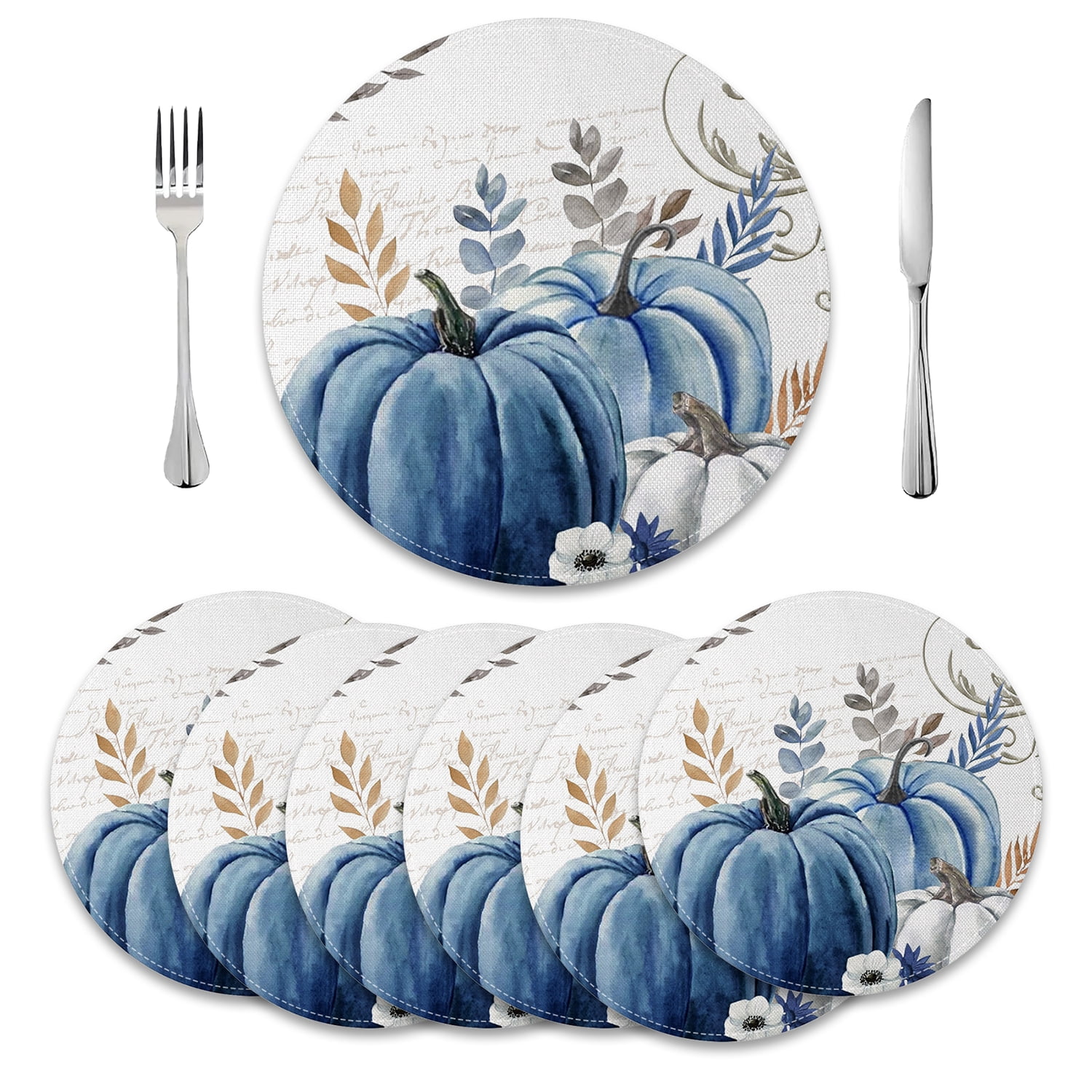 MIZHONA Fall Pumpkins Round Placemats Set of 6 Blue Pumpkins Table Mat ...