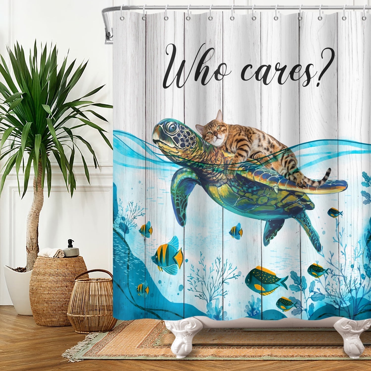MIZHONA Funny Cat with Turtle Shower Curtain Ocean Coastal Nautical ...