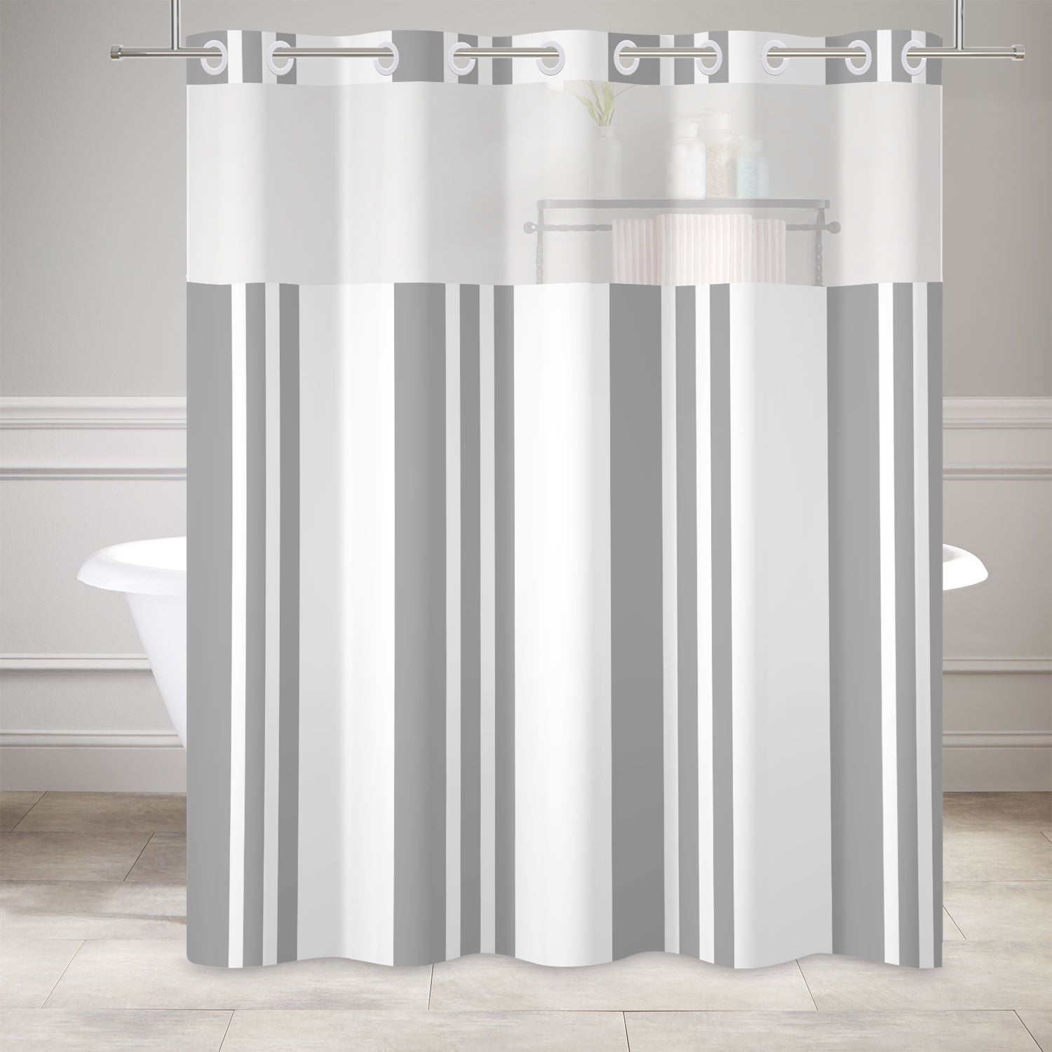 MIZHONA Grey Stripes No Hooks Shower Curtains with Snap in Liner Gray ...