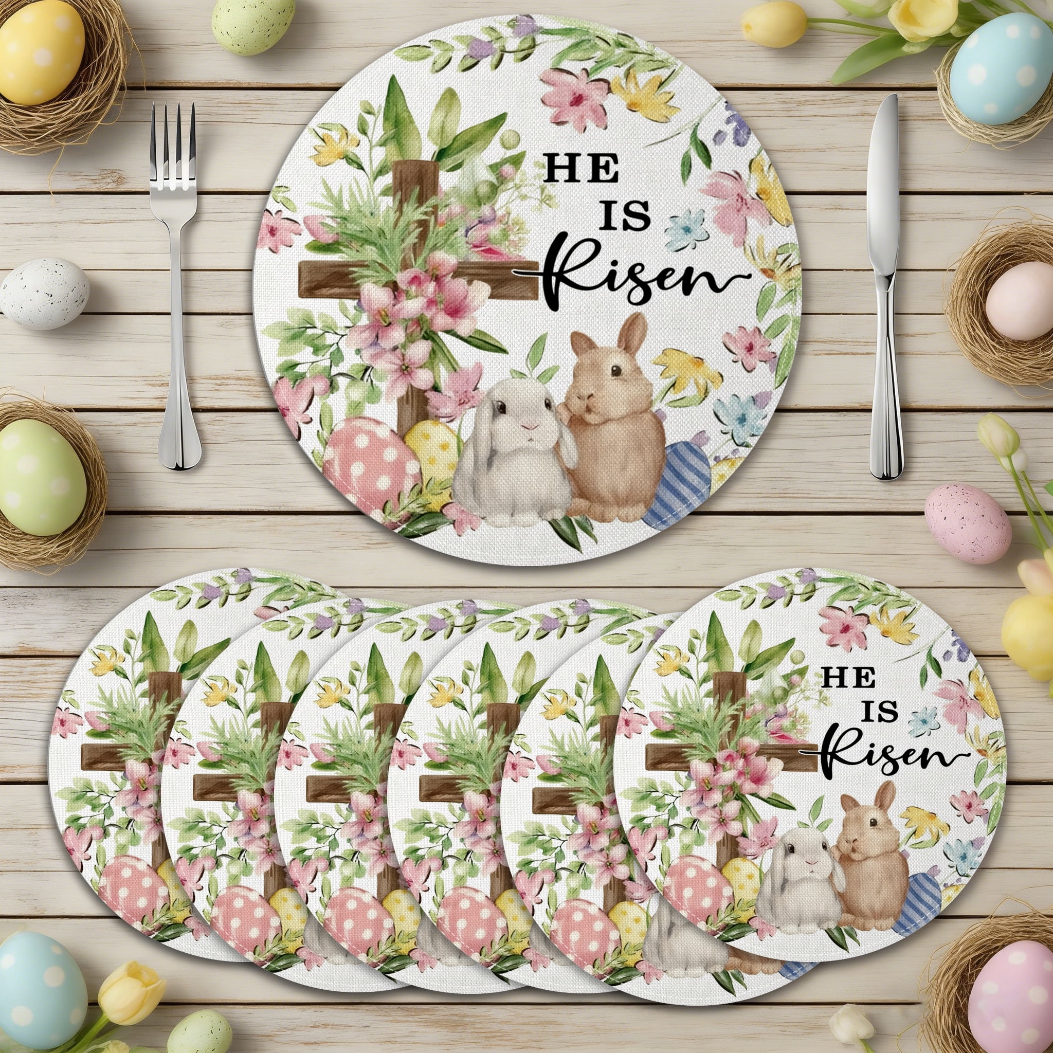 MIZHONA Happy Easter Round Placemats Set of 6,Spring Easter Rabbits ...