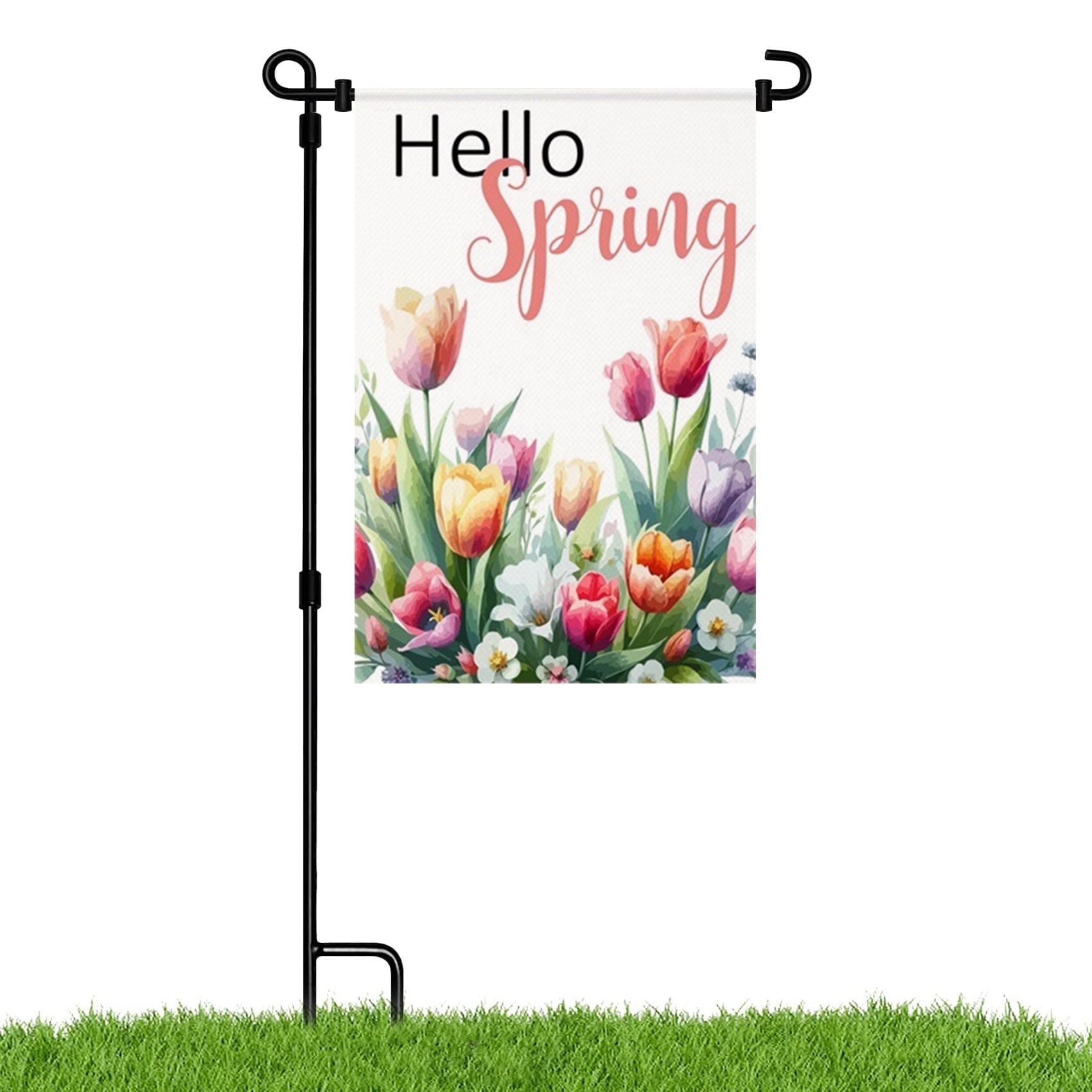 MIZHONA Spring Hello Garden Flag Burlap Tulip Florals Outdoor Yard Flag ...