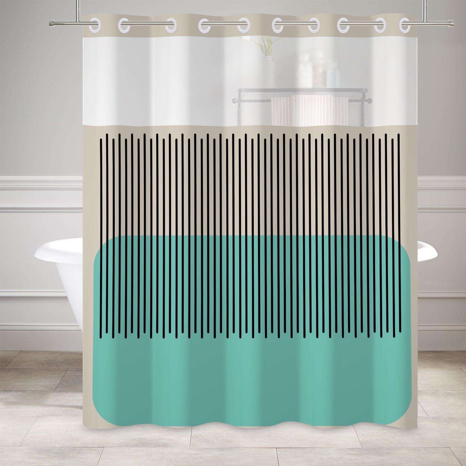 MIZHONA Modern Black Stripes No Hooks Shower Curtains with Snap in Liner Minimalist Blue and ...