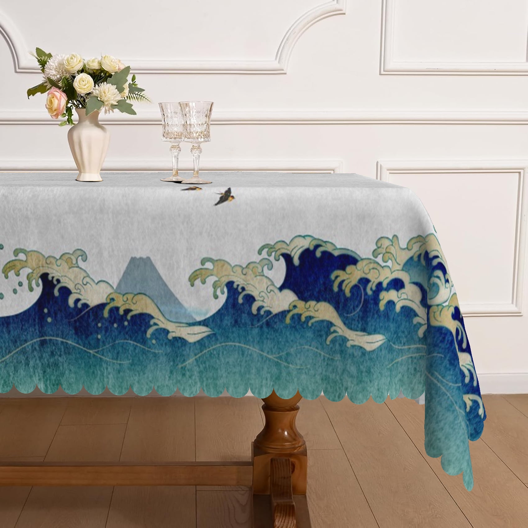 MIZHONA Navy Blue Tablecloth Rectangle,Sea Wave Scene Table Cloth for ...