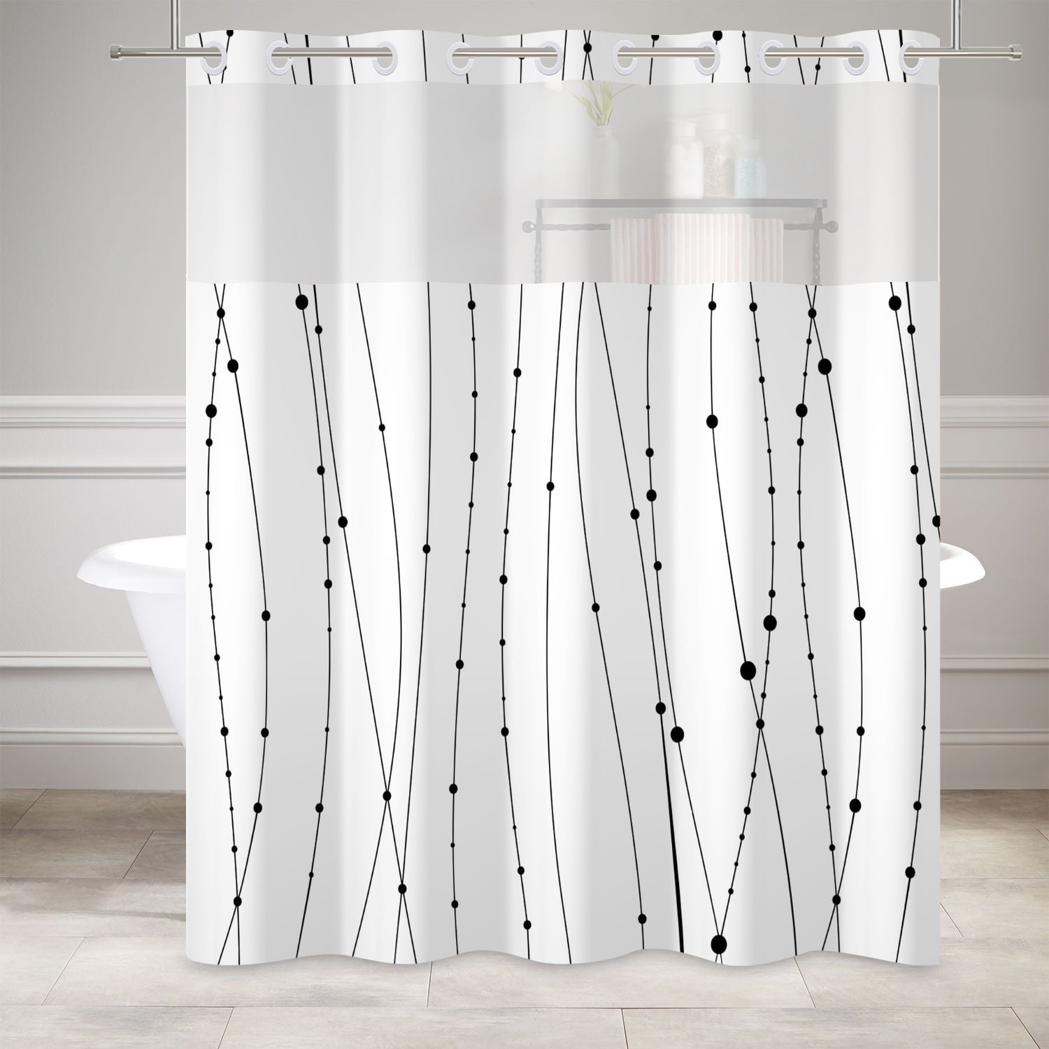 MIZHONA No Hook Shower Curtains with Snap in Liner Black and White Striped Fabric Bathroom ...