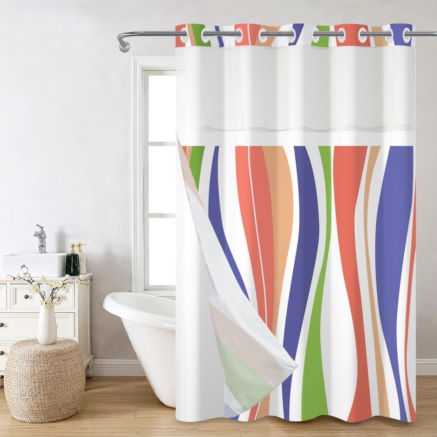 MIZHONA Orange and Blue Striped No Hooks Shower Curtains with Snap in ...