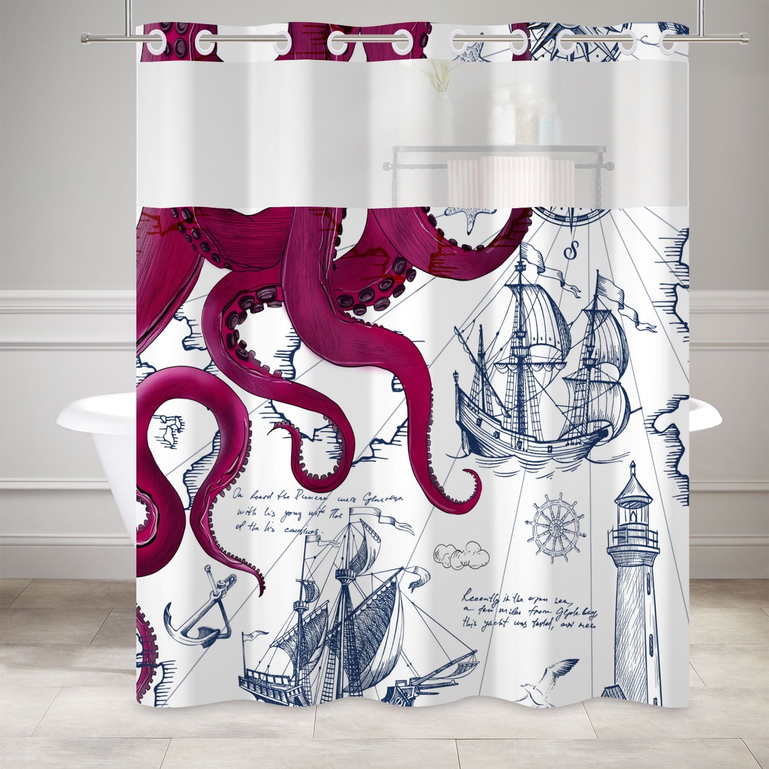 MIZHONA Plum Nautical Octopus No Hooks Shower Curtains with Snap in ...