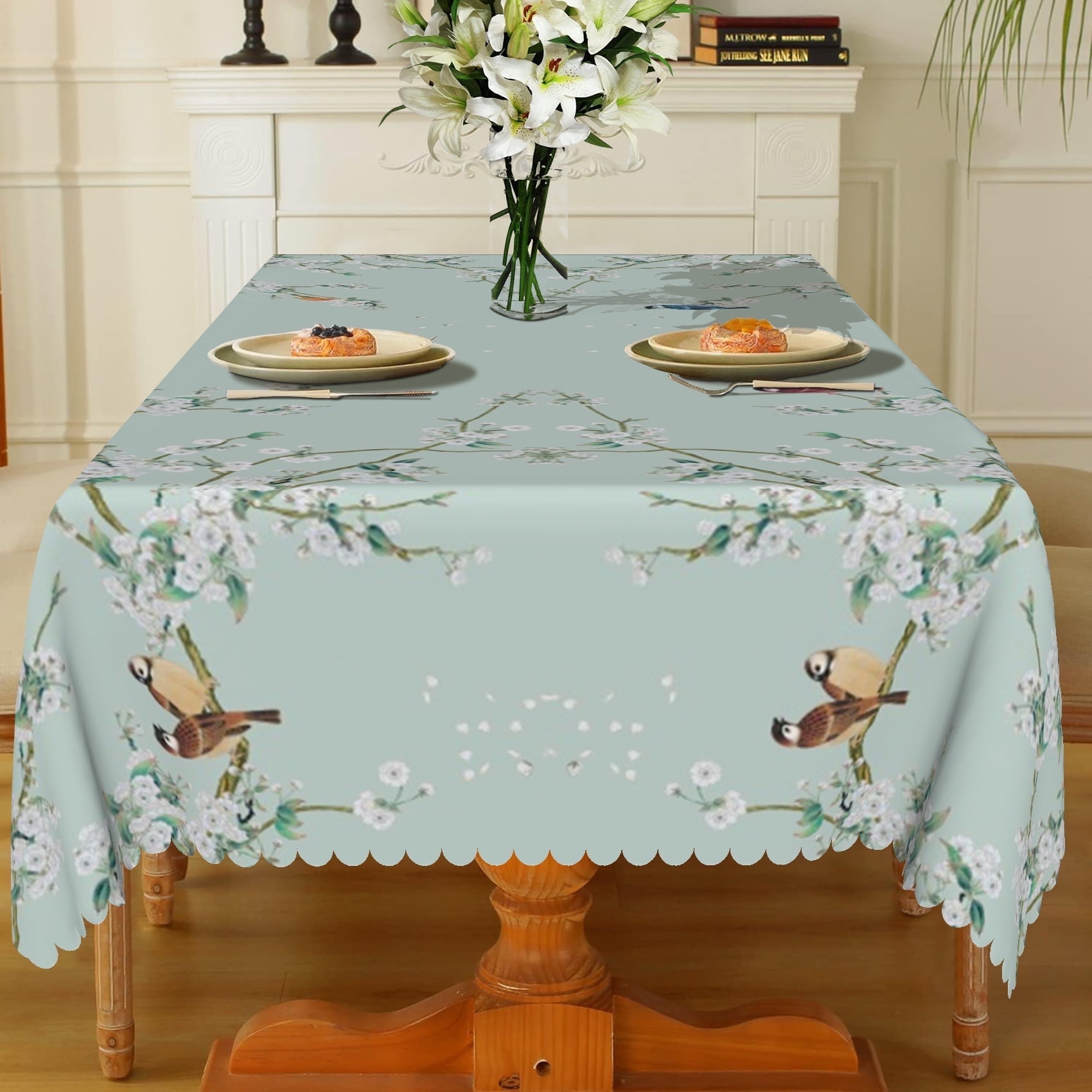 MIZHONA Teal Floral with Bird Tablecloth Rectangle Spring Hummingbird ...