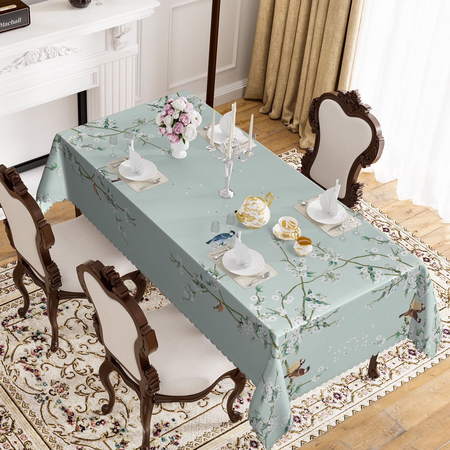 MIZHONA Teal Blue Tablecloth Rectangle,White Floral Bird Table Cloth ...