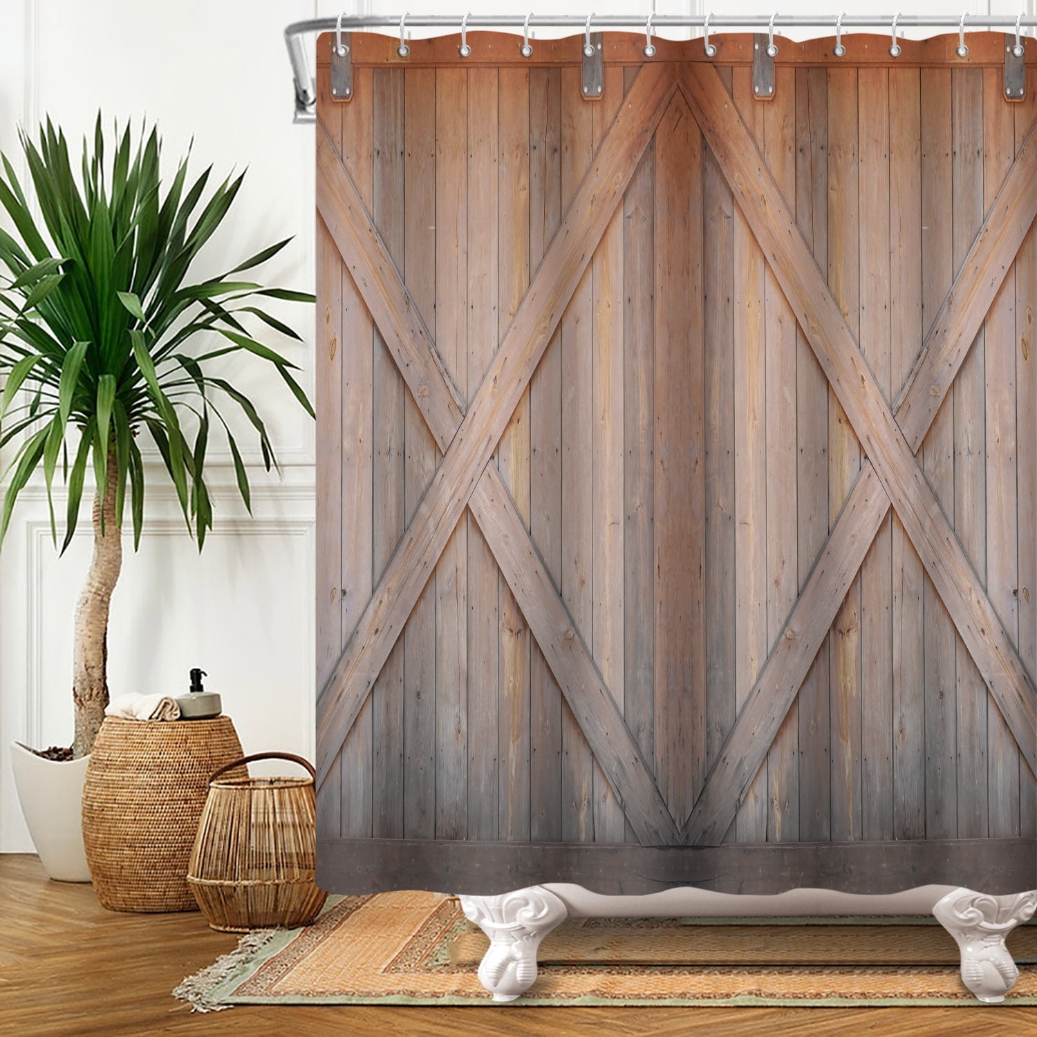 MIZHONA Rustic Farmhouse Barn Shower Curtain,Wooden Country Fabric ...