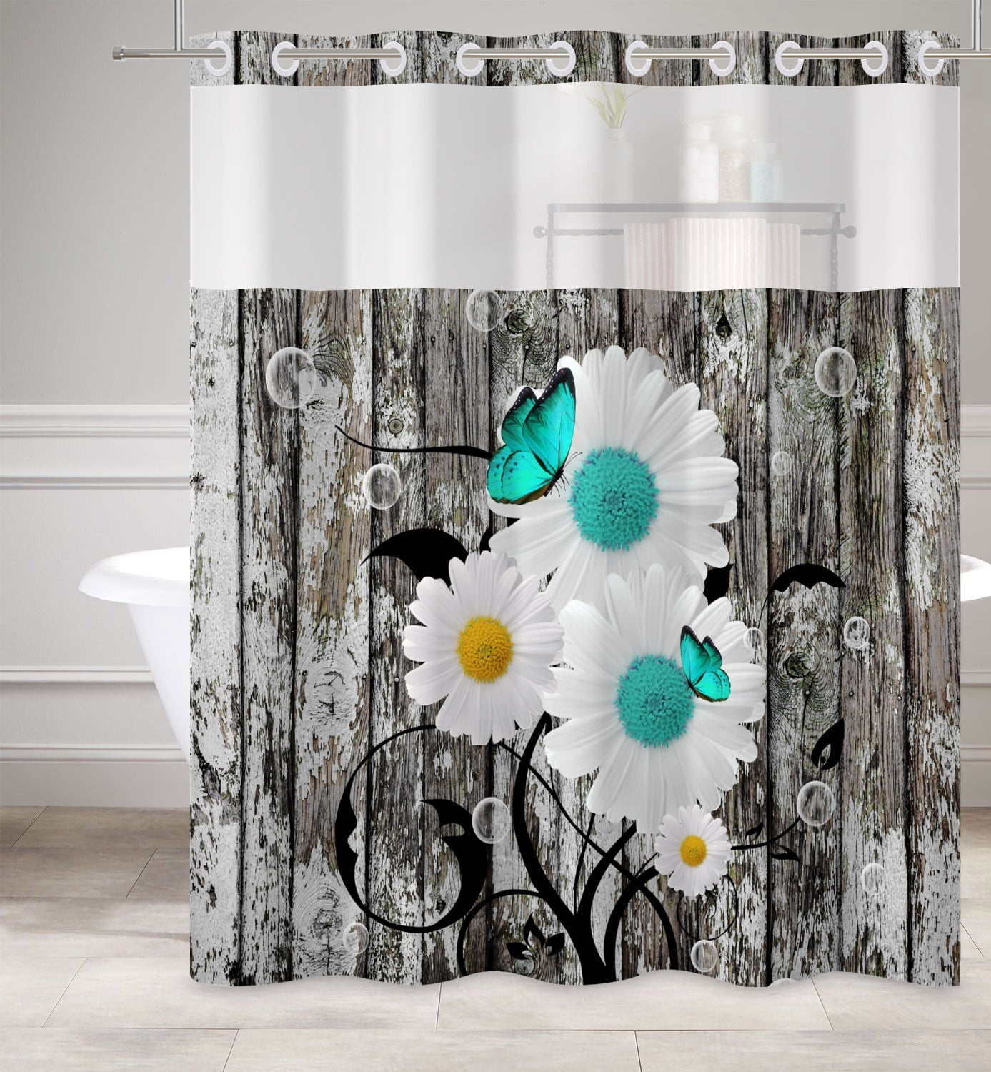 MIZHONA Rustic Floral No Hooks Shower Curtains with Snap in Liner ...