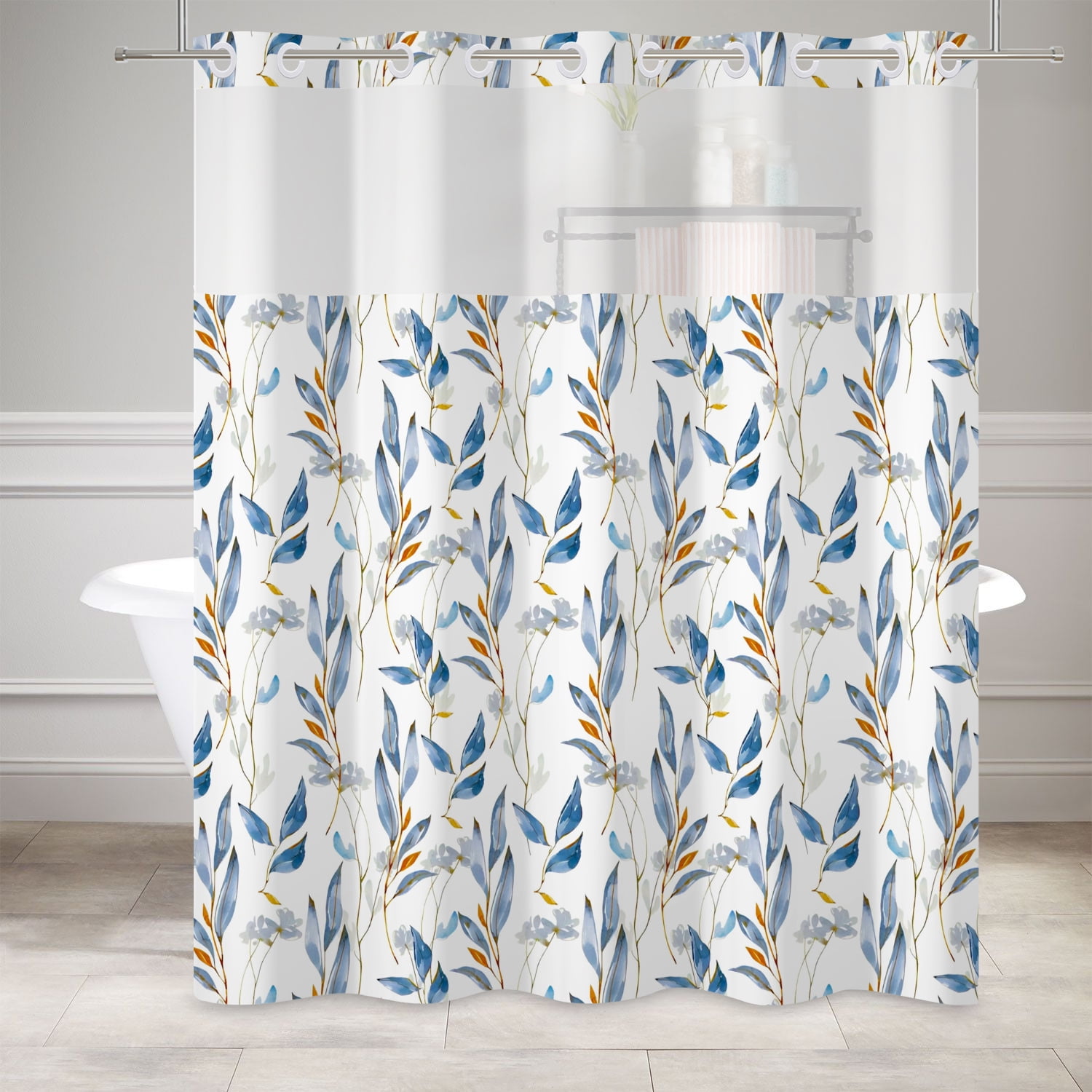 MIZHONA Spring Blue Plants No Hooks Shower Curtains with Snap in Liner Rustic Floral Leaves ...