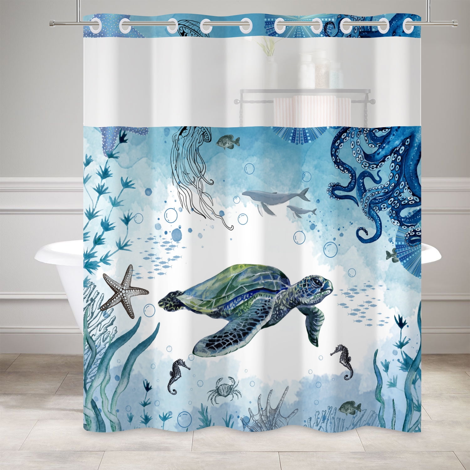 MIZHONA Teal Sea Turtles No Hooks Shower Curtains with Snap in Liner ...