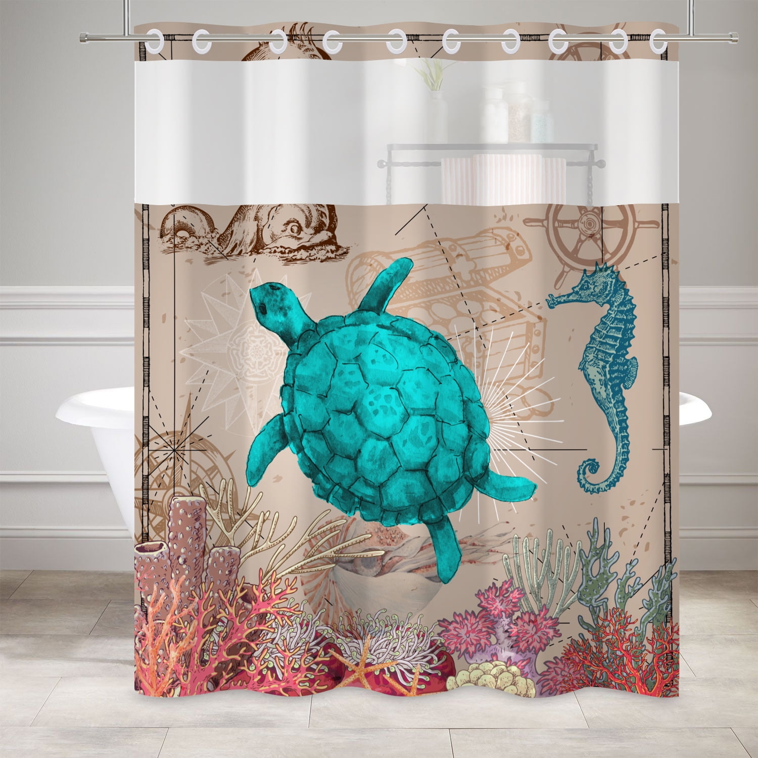 MIZHONA Teal Sea Turtles Theme No Hooks Shower Curtains with Snap in ...