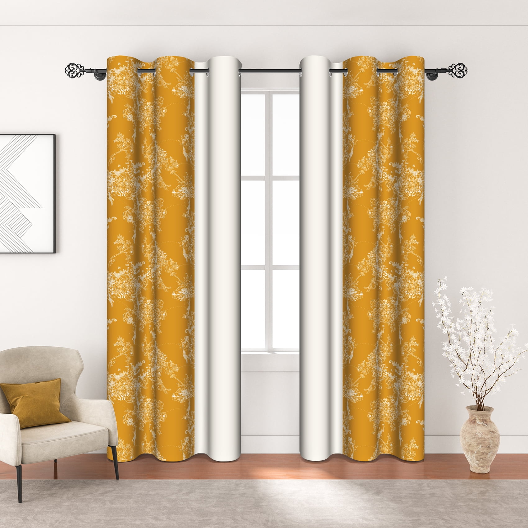 MIZHONA Yellow Blackout Curtain for Bedroom,Flower Printed Room ...