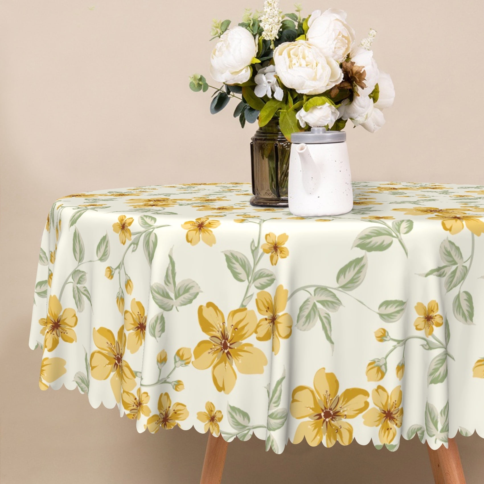 MIZHONA Yellow Floral Round Tablecloth,Rustic Table Cloth for Round ...