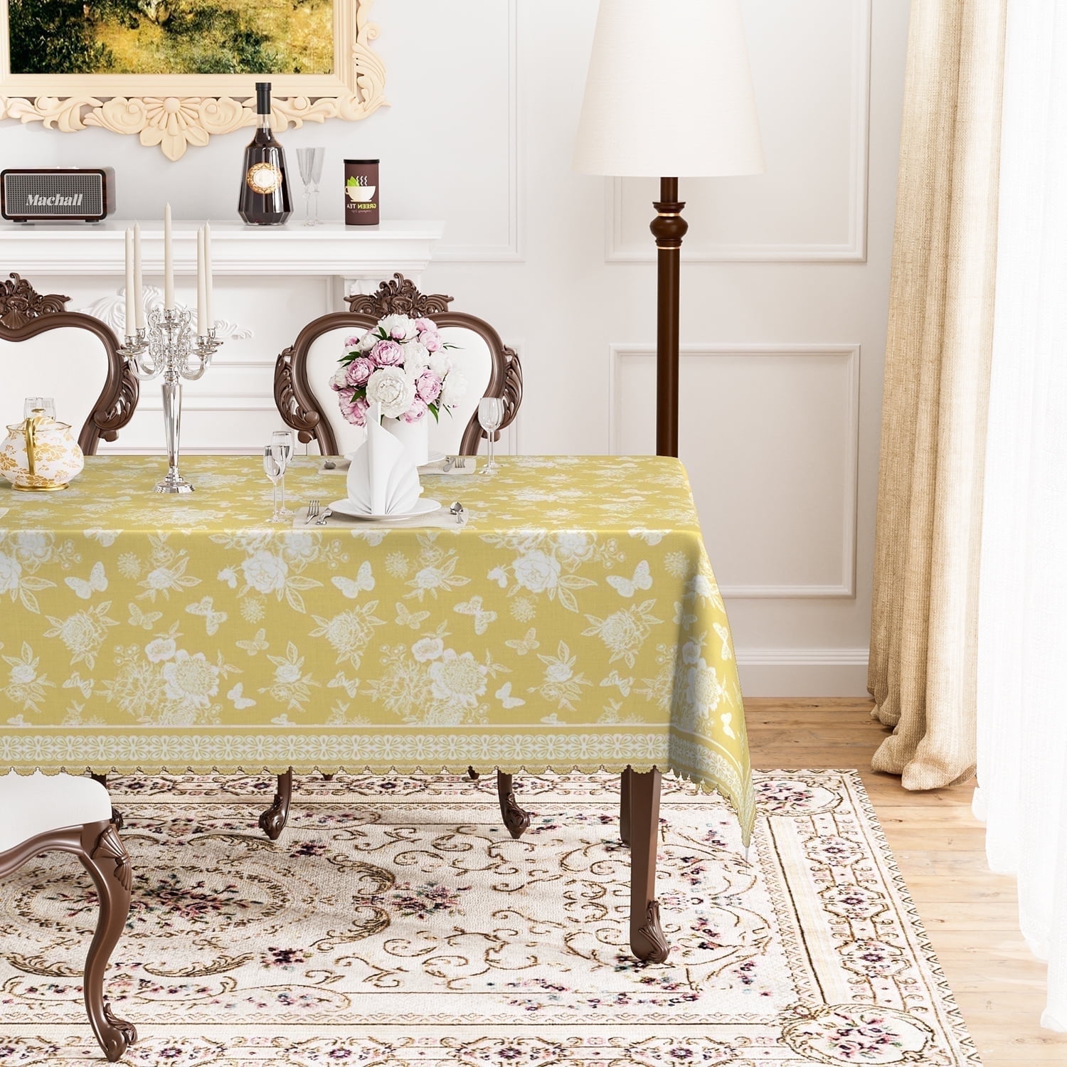 MIZHONA Retro Yellow Tablecloths Rectangle Vintage French Floral Print ...