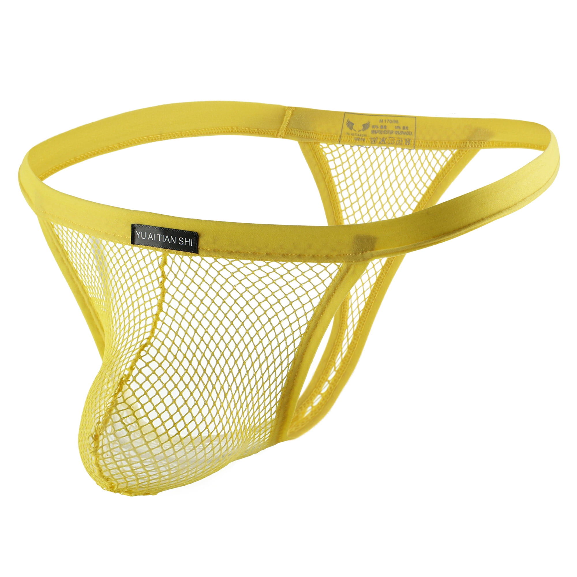 MIZOK Men's Thongs Sexy Bikini Mesh Briefs G-String Underwear Yellow M ...