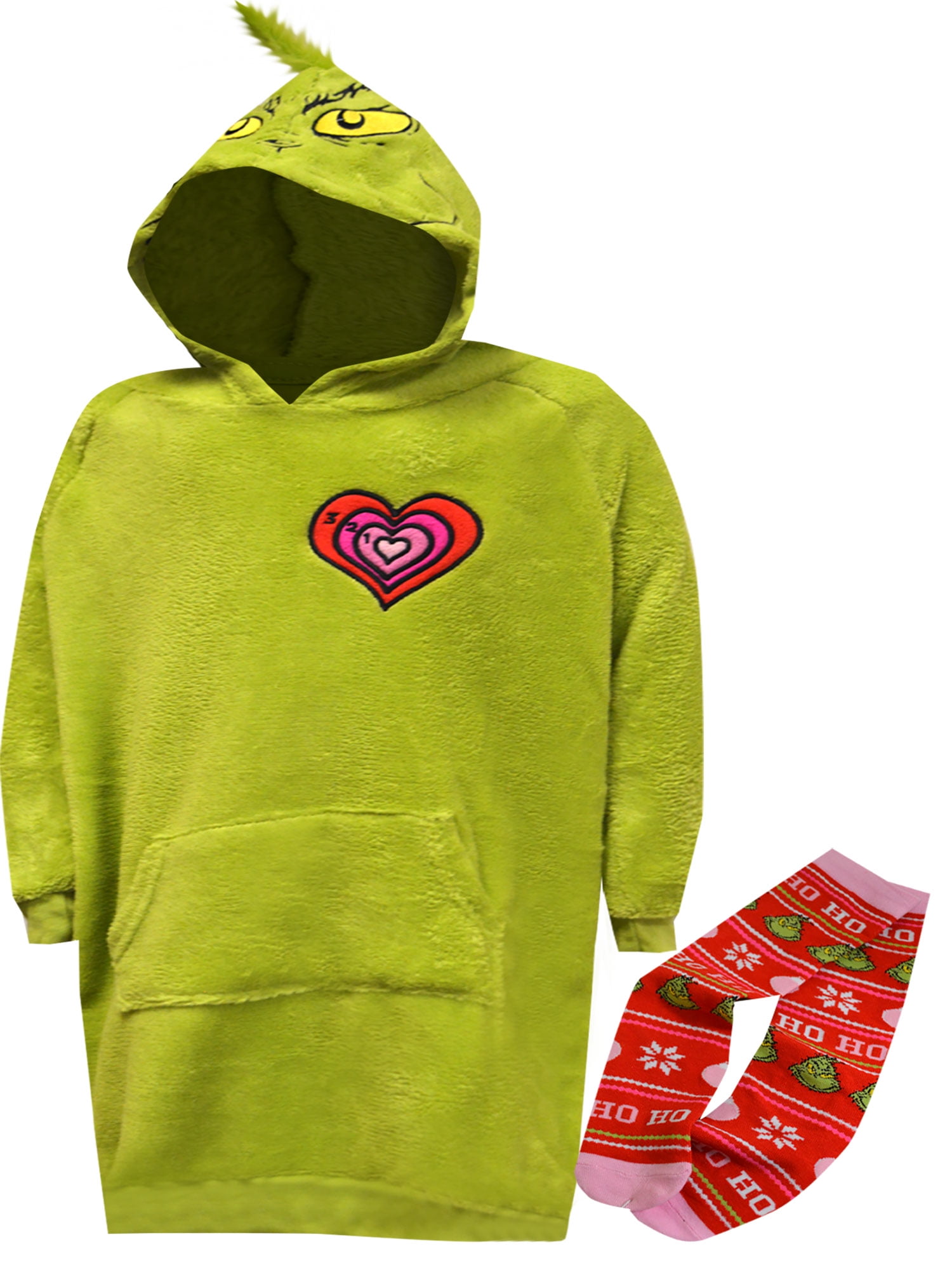 MJC Girls Dr. Seuss The Grinch Three Sizes Plush Hooded Lounger with Socks (10) - Walmart.com