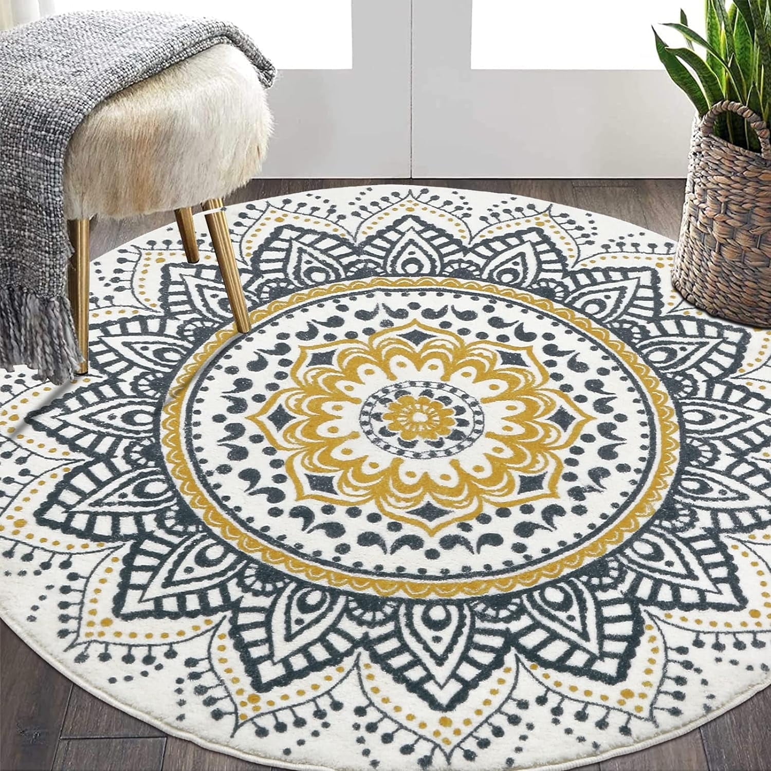 MJIAexp 5.3ft Mandala Boho Round Rug Circle Rug Non-Slip Machine ...