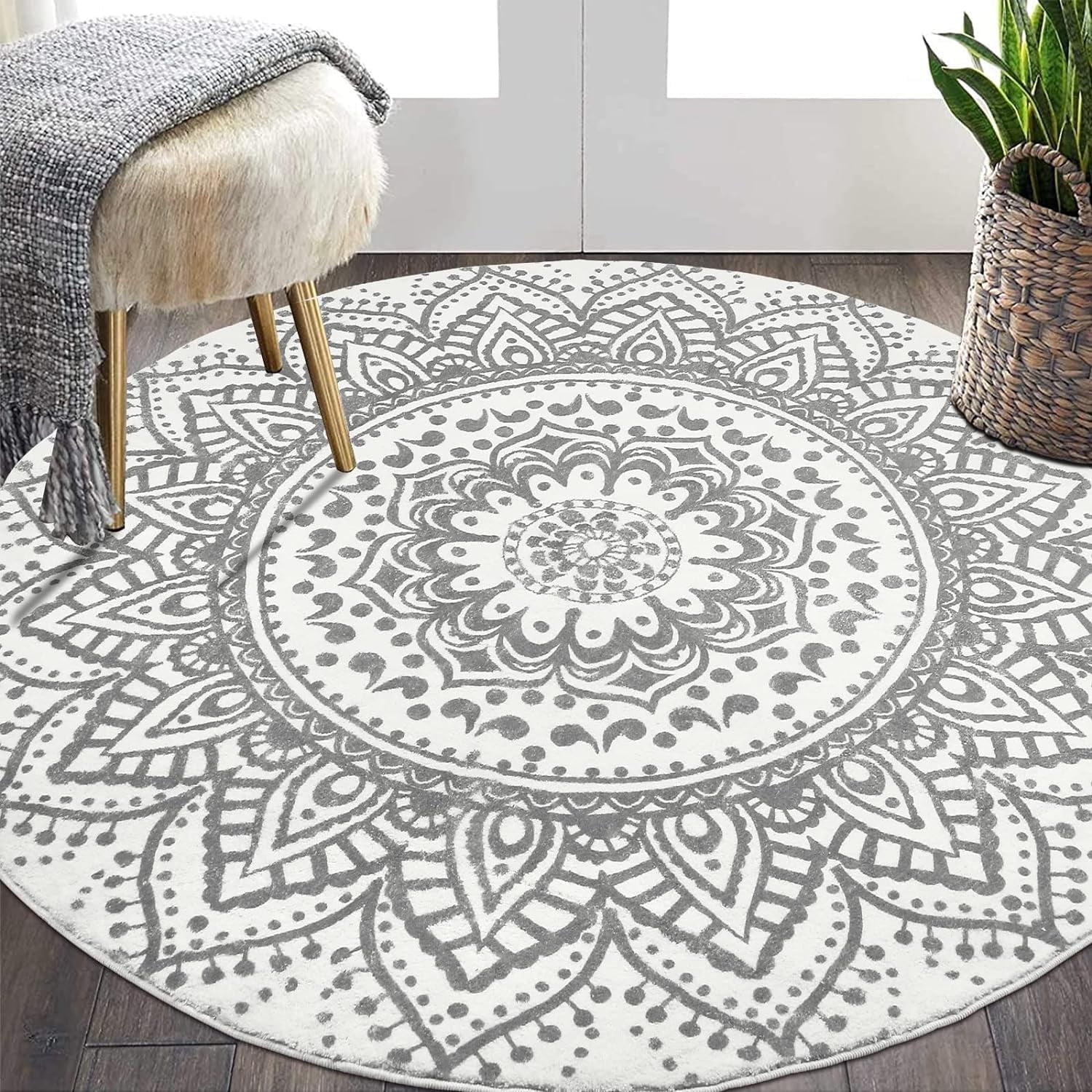 MJIAexp 5.3ft Mandala Boho Round Rug Circle Rug Non-Slip Machine ...