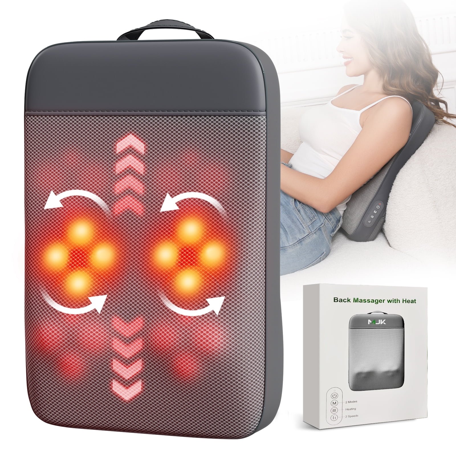 MJK Shiatsu Back Massager with Heat, Up and Down Rolling Full Back ...