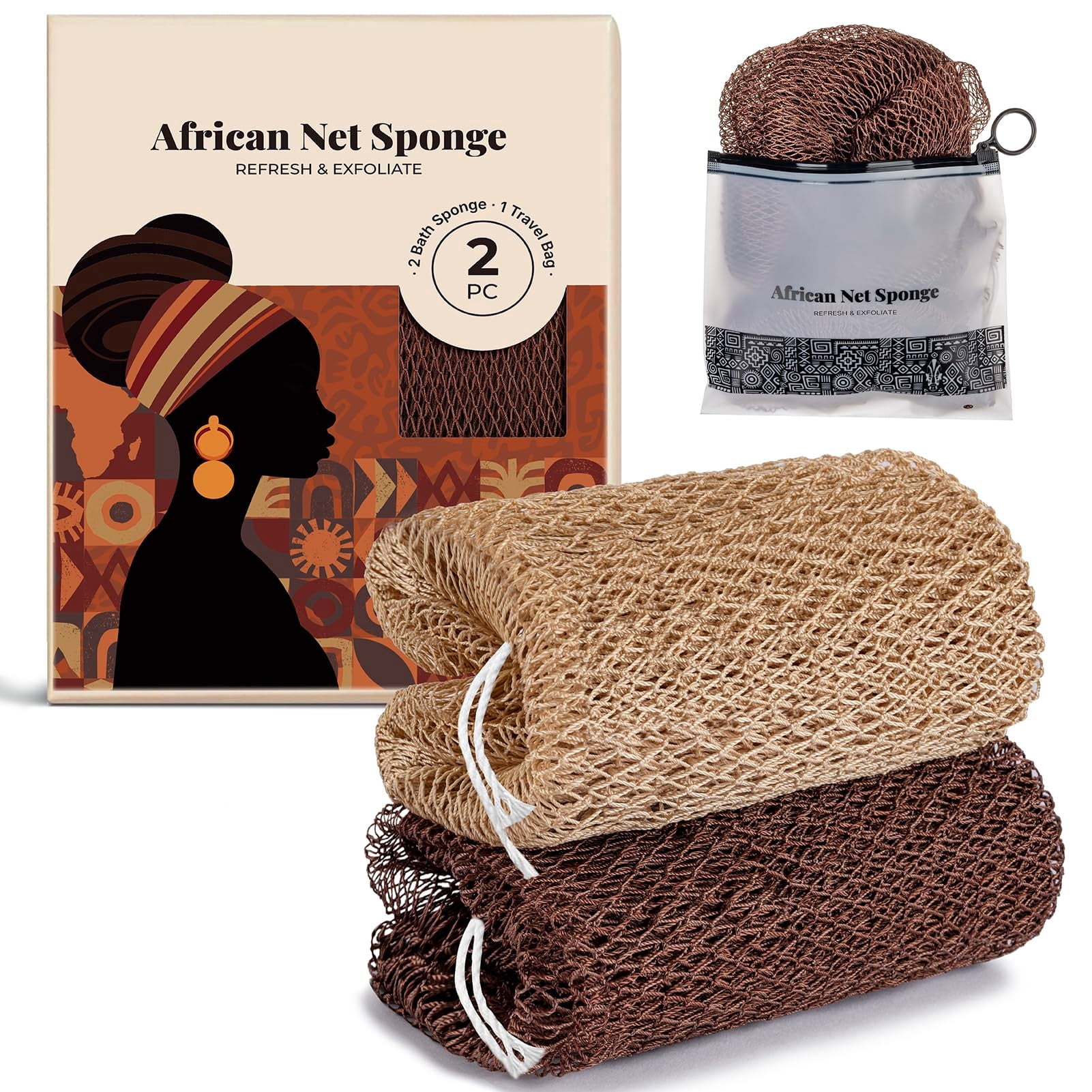 MJSHUN African Net Sponge Authentic, 2 Pack Shower Loofah Exfoliating ...