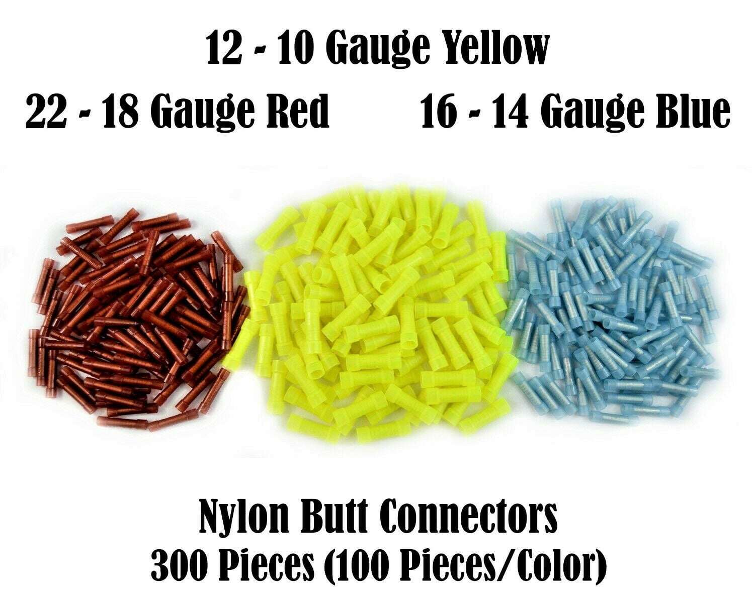 MK Audio 300 Wire Butt Connectors Yellow/Blue/Red Nylon Car Audio Crimp ...