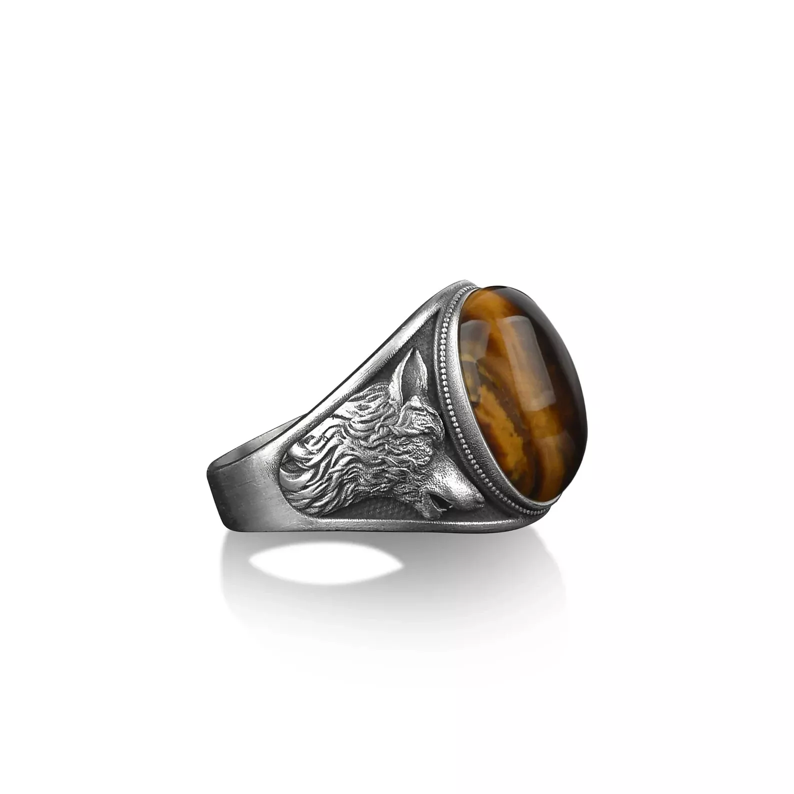 MK Enterprises Men's Howling Wolf Ring – 925 Sterling Silver with Natural Tiger's Eye Gemstone ...