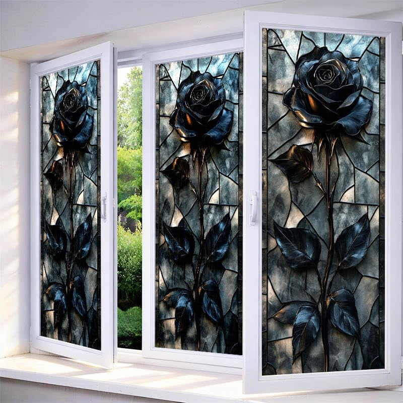 MKEUDQ-Privacy Window Film Stained Glass Window Cling Blue Rose Design ...