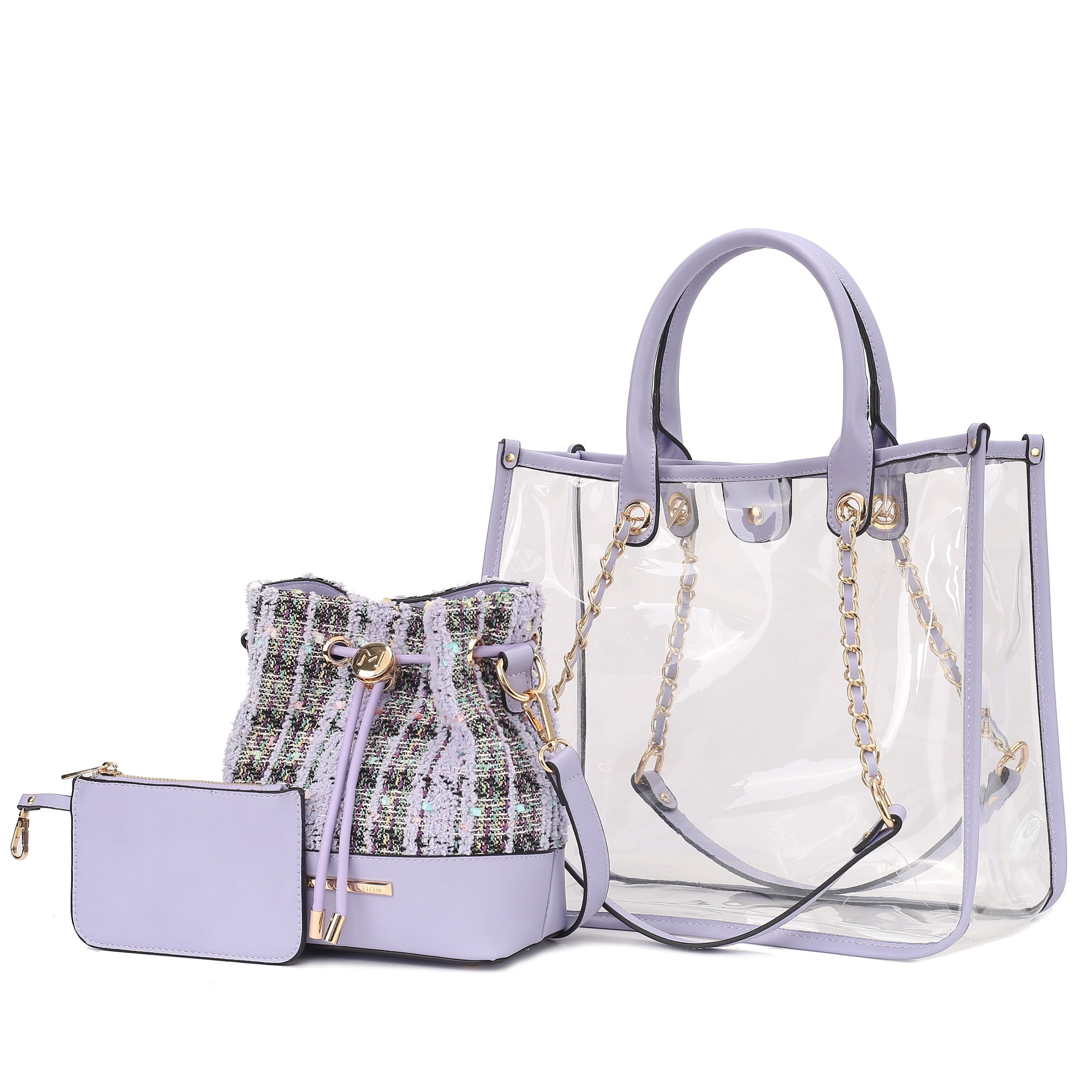 MKF Collection Diva Clear PVC Tote Women's Bag with Tweed Bucket Bag ...