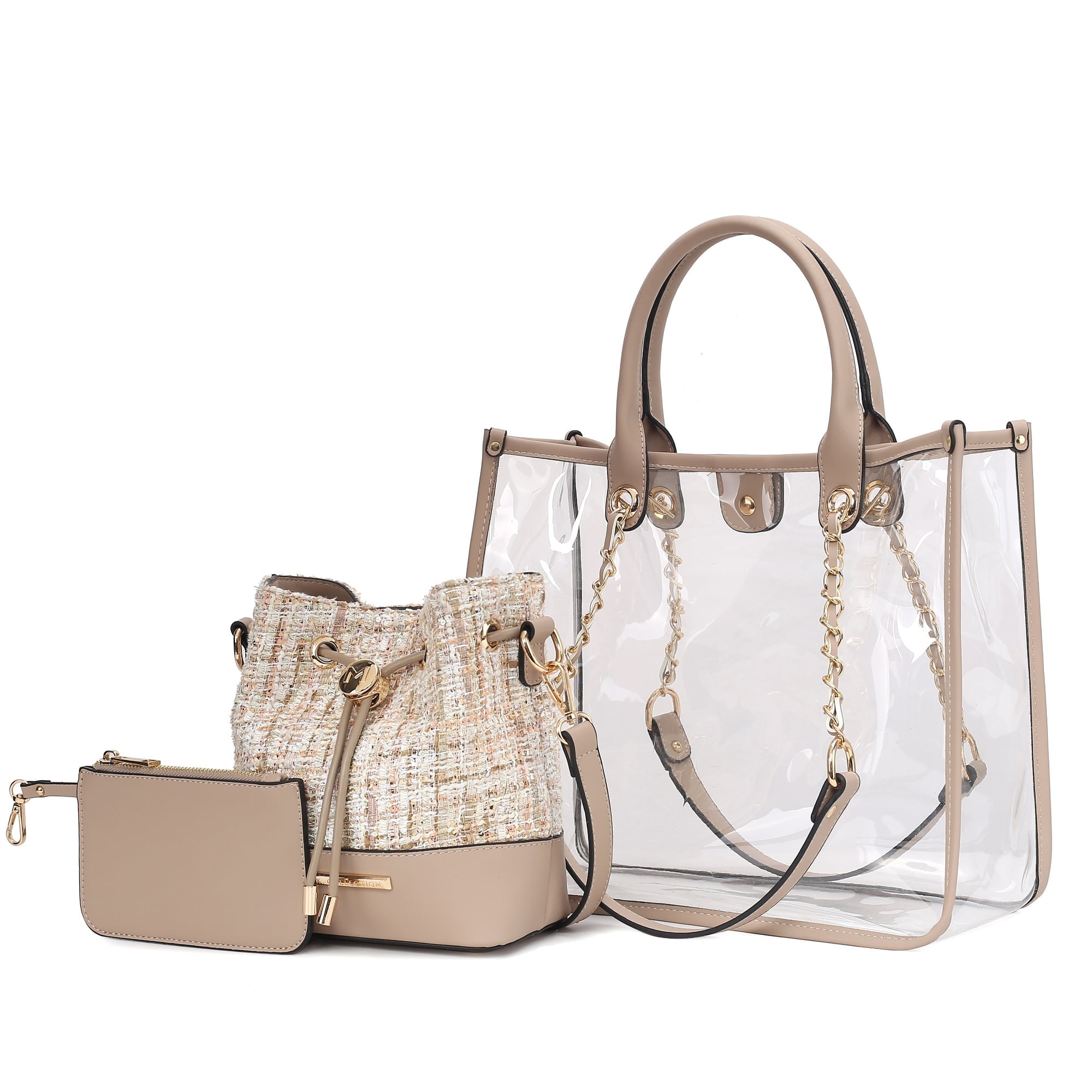 MKF Collection Diva Clear PVC Tote Women's Bag with Tweed Bucket Bag ...