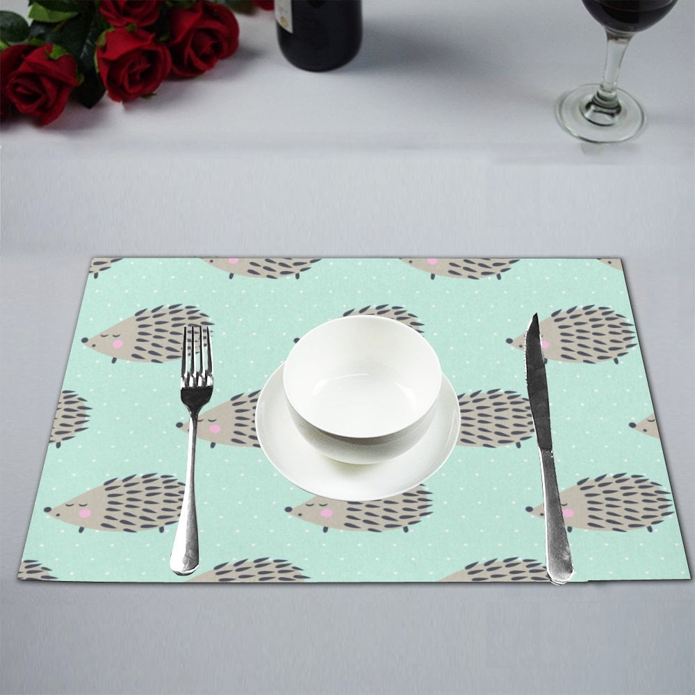 MKHERT Cute Cartoon Hedgehog on Mint Polka Dots Placemats Table Mats ...