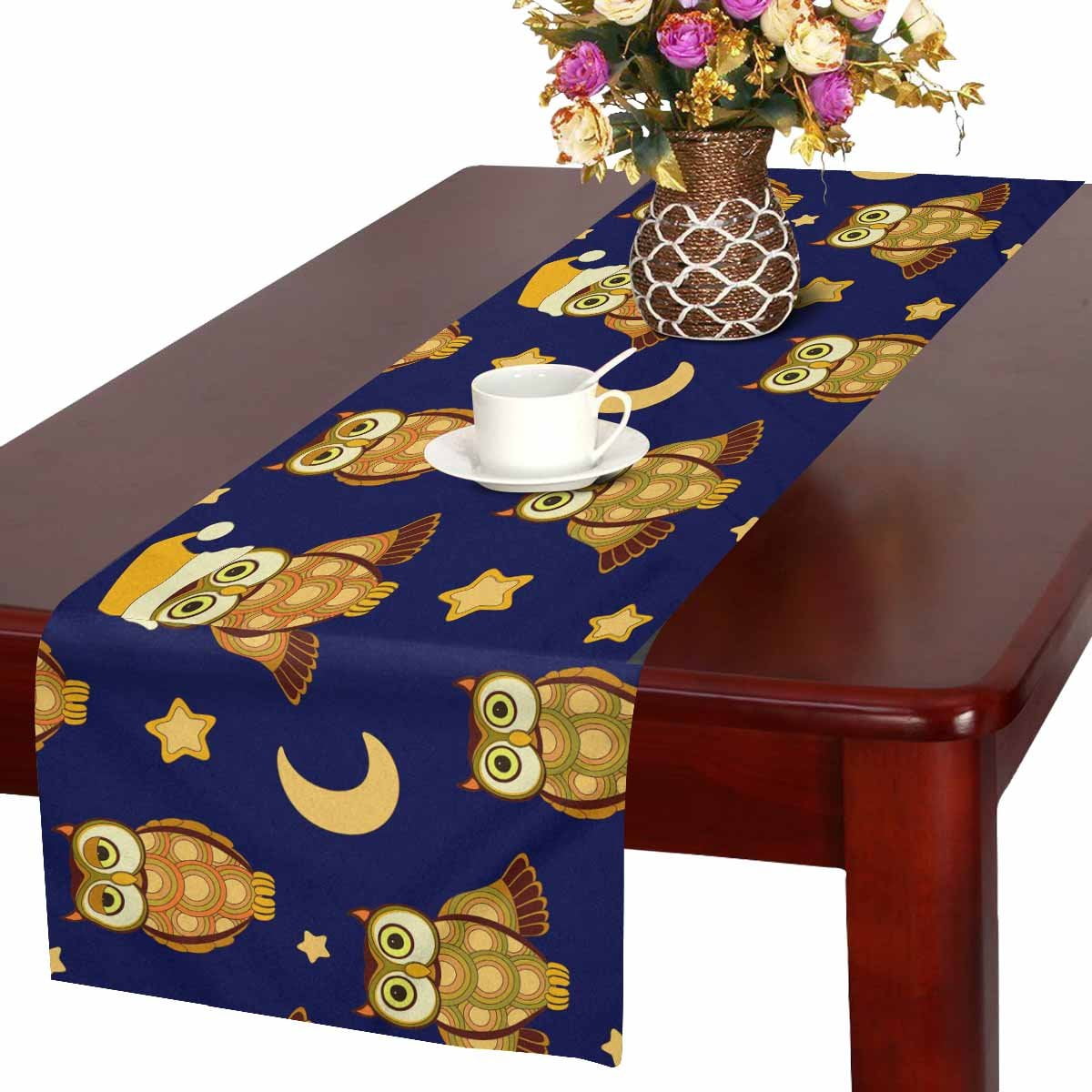 MKHERT Cute Owl Table Runner, Moon Star Table Cloth Runner for Wedding ...