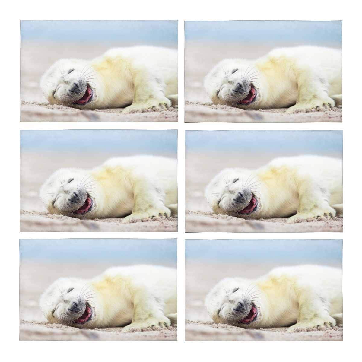 MKHERT Cute White Grey Seal Baby Relaxing at The Beach Placemats Table ...