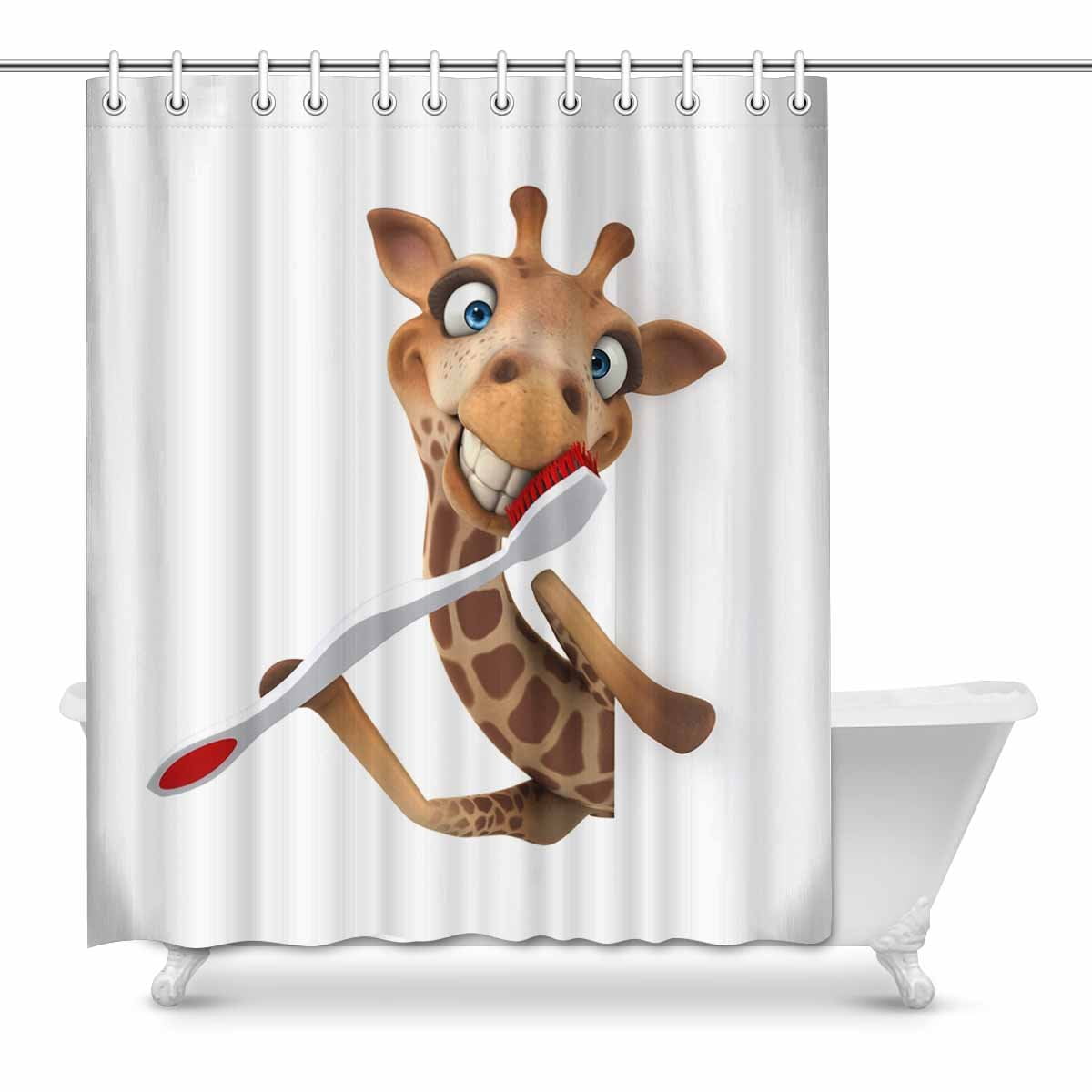 MKHERT Fun Giraffe Brushing Teeth Waterproof Shower Curtain Decor ...