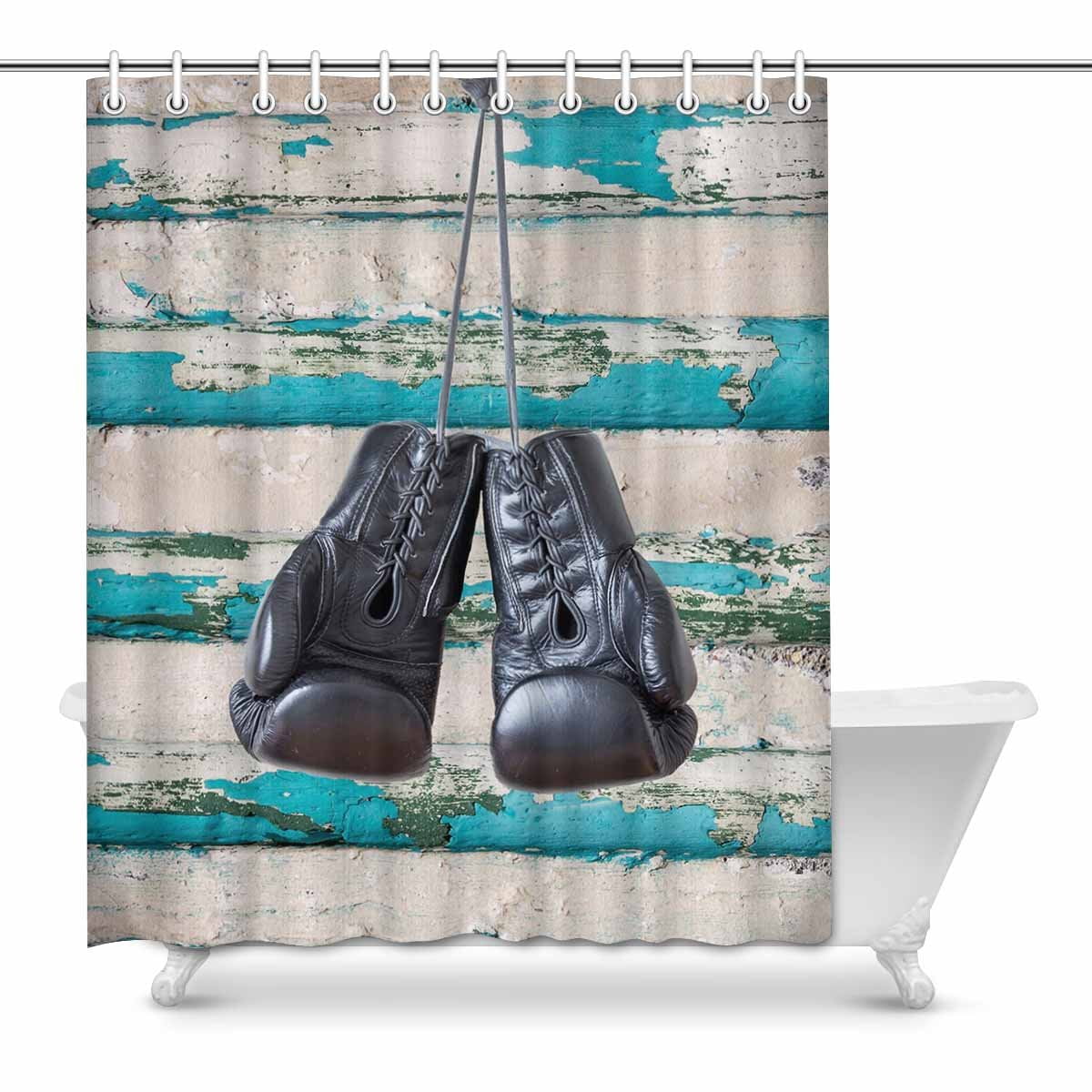MKHERT Pair of Boxing Gloves on Blue Rustic Wood Wall Waterproof Shower ...
