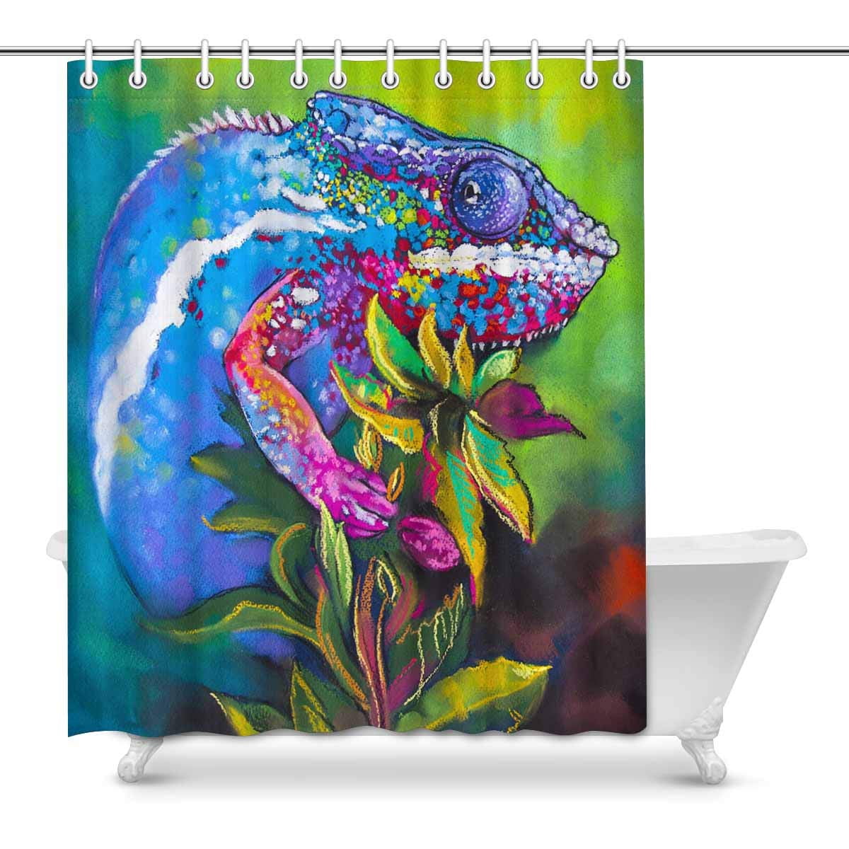 MKHERT Watercolor Beautiful Chameleon Hidden in The Woods House Decor Shower Curtain for ...