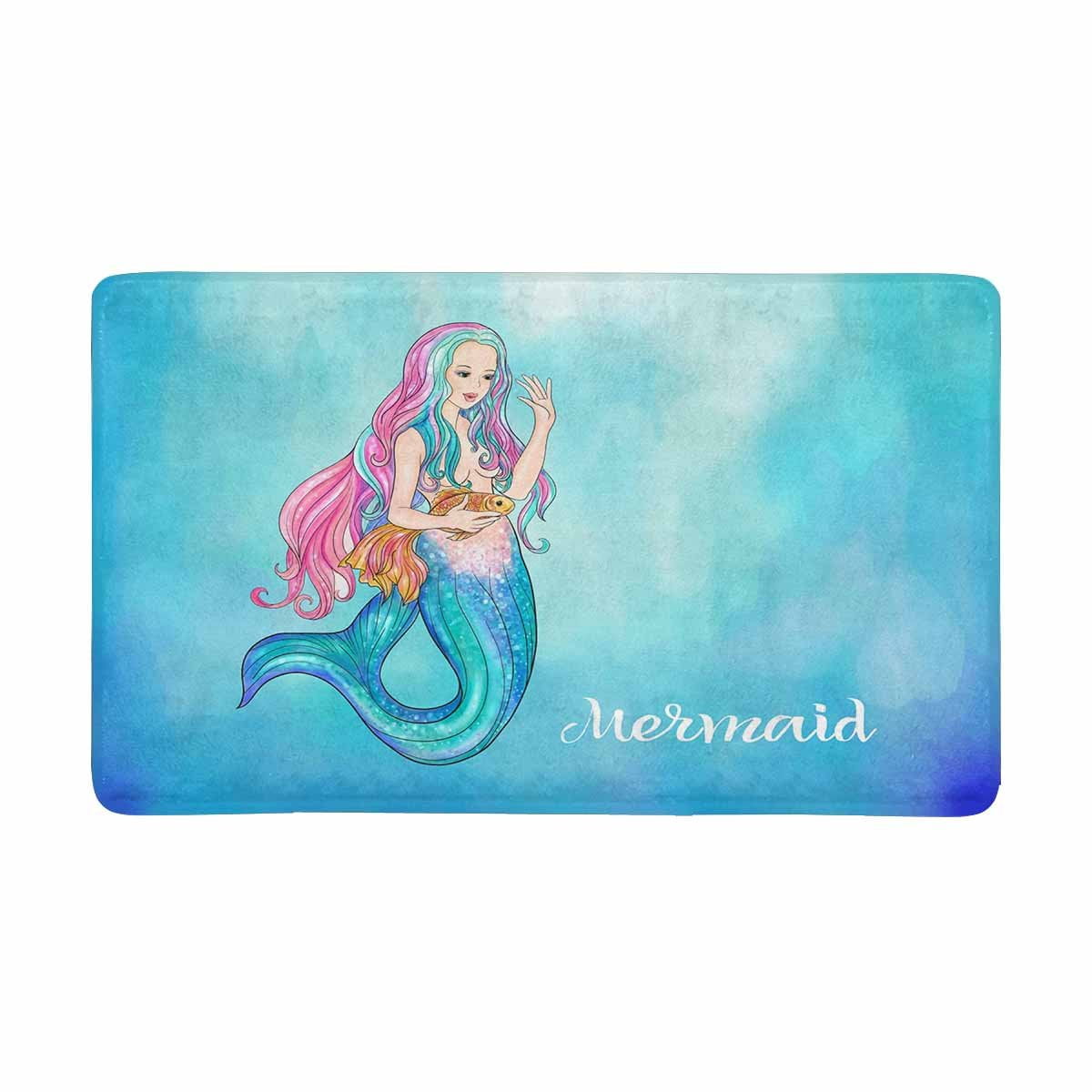 MKHERT Watercolor Mermaid with Gold Fish on Blue Background Doormat Rug ...