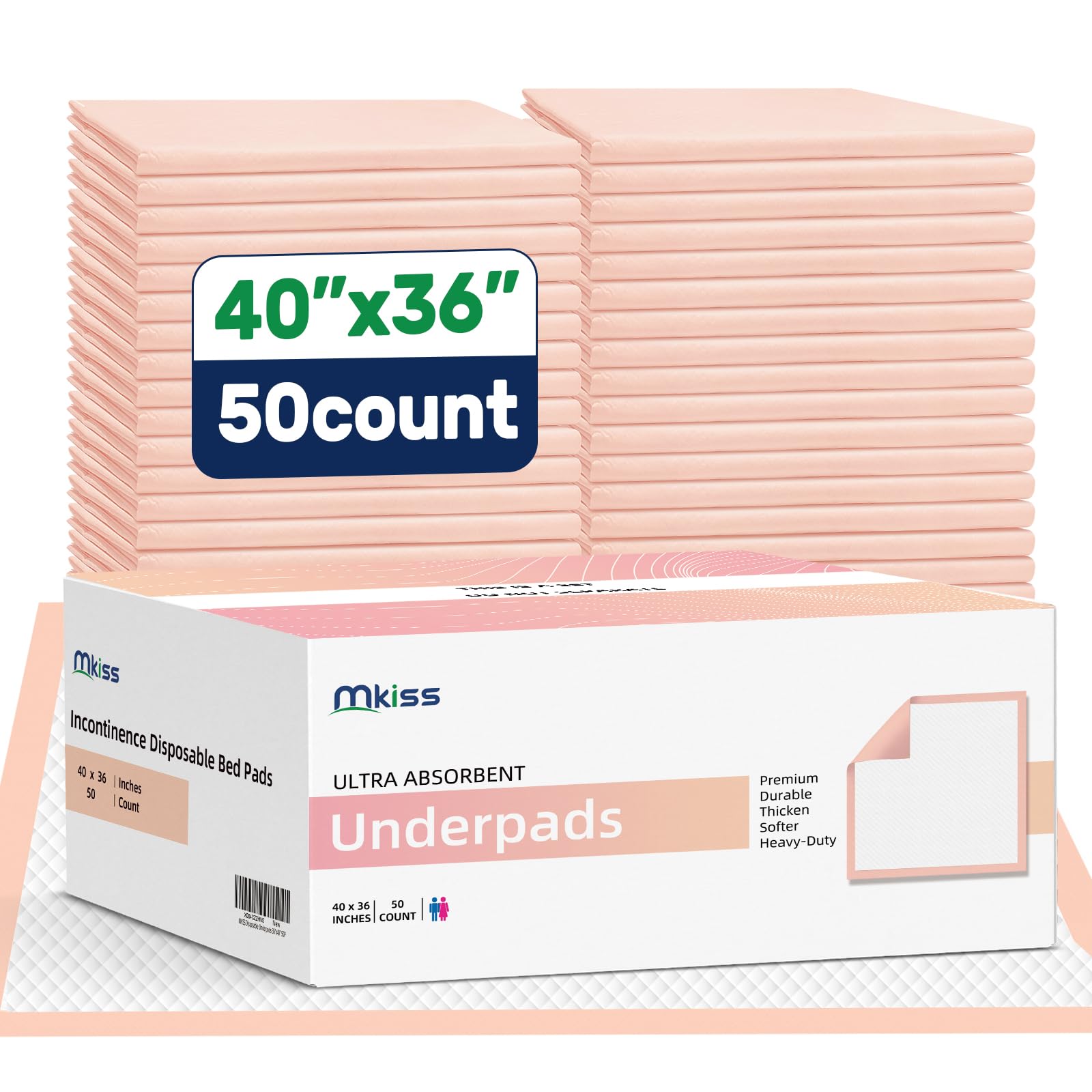 MKISS Extra Large Bed Pads 40" x 36"(50 Count), Disposable Super ...
