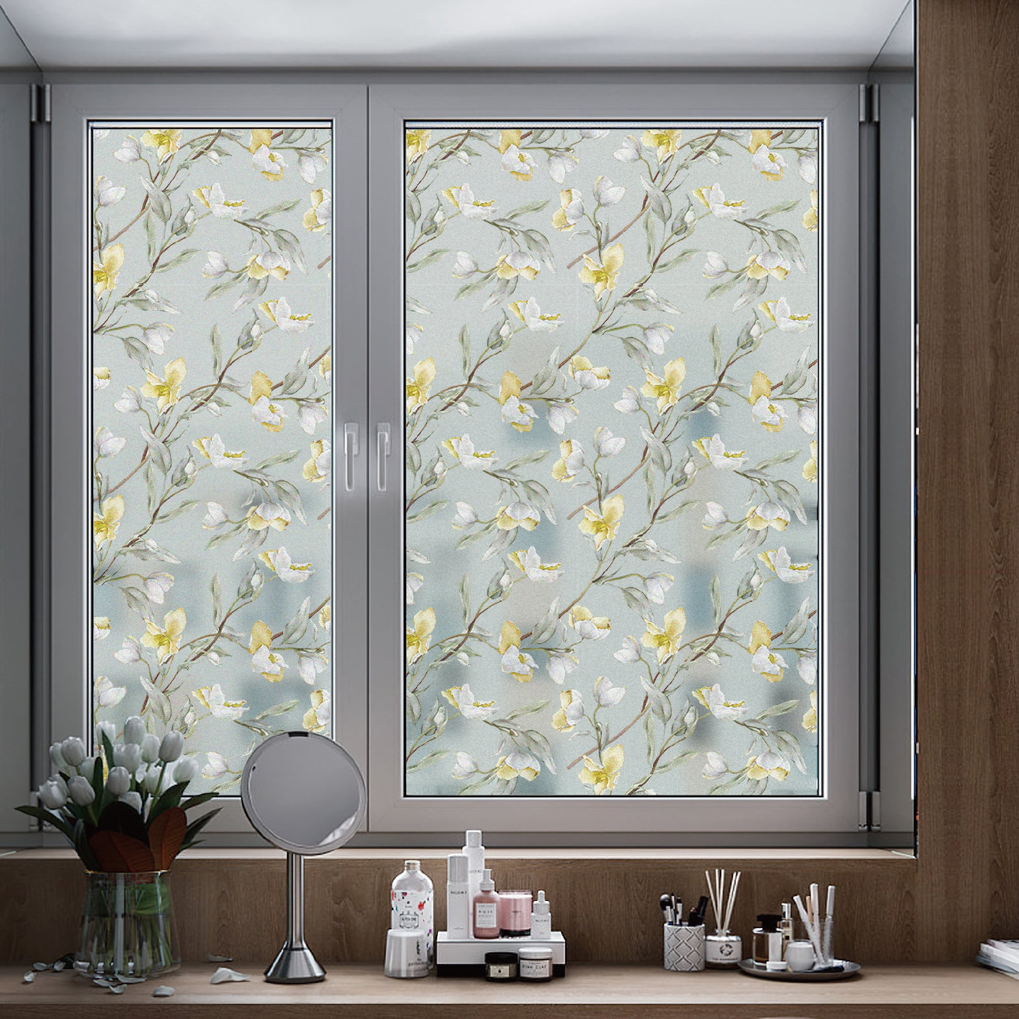 MKLZ Frosted Floral Privacy Window Film, UV Block, Peel & Stick, Static ...