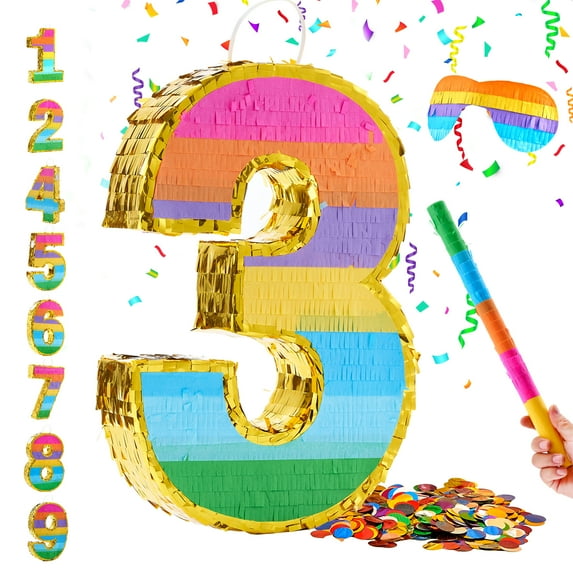 MKLZ Number 3 Pinata, Party Decoration with Blindfold, Stick and ...